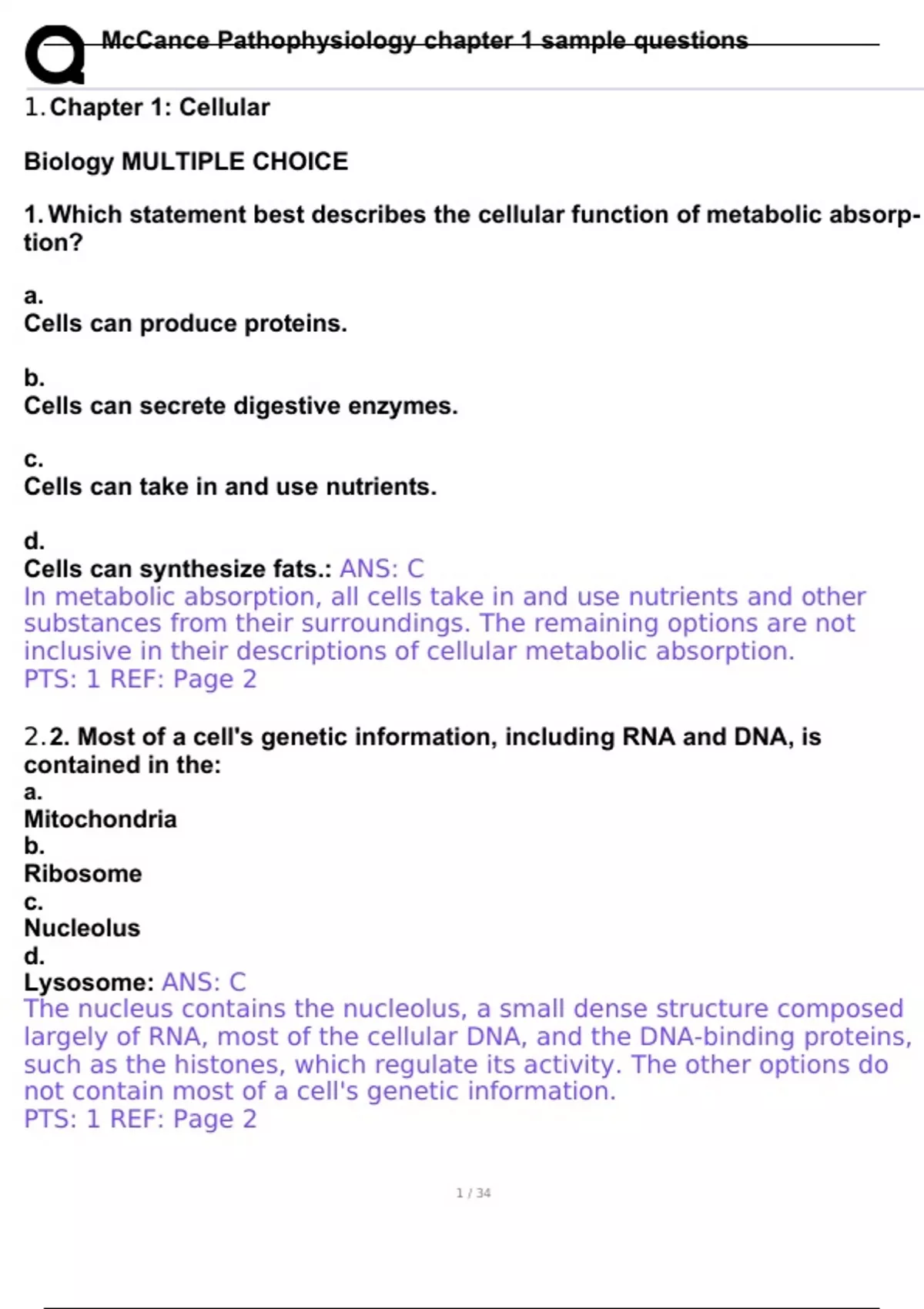 McCance Pathophysiology chapter 1 sample questions |Questions and Answers(A+ Solution guide ...