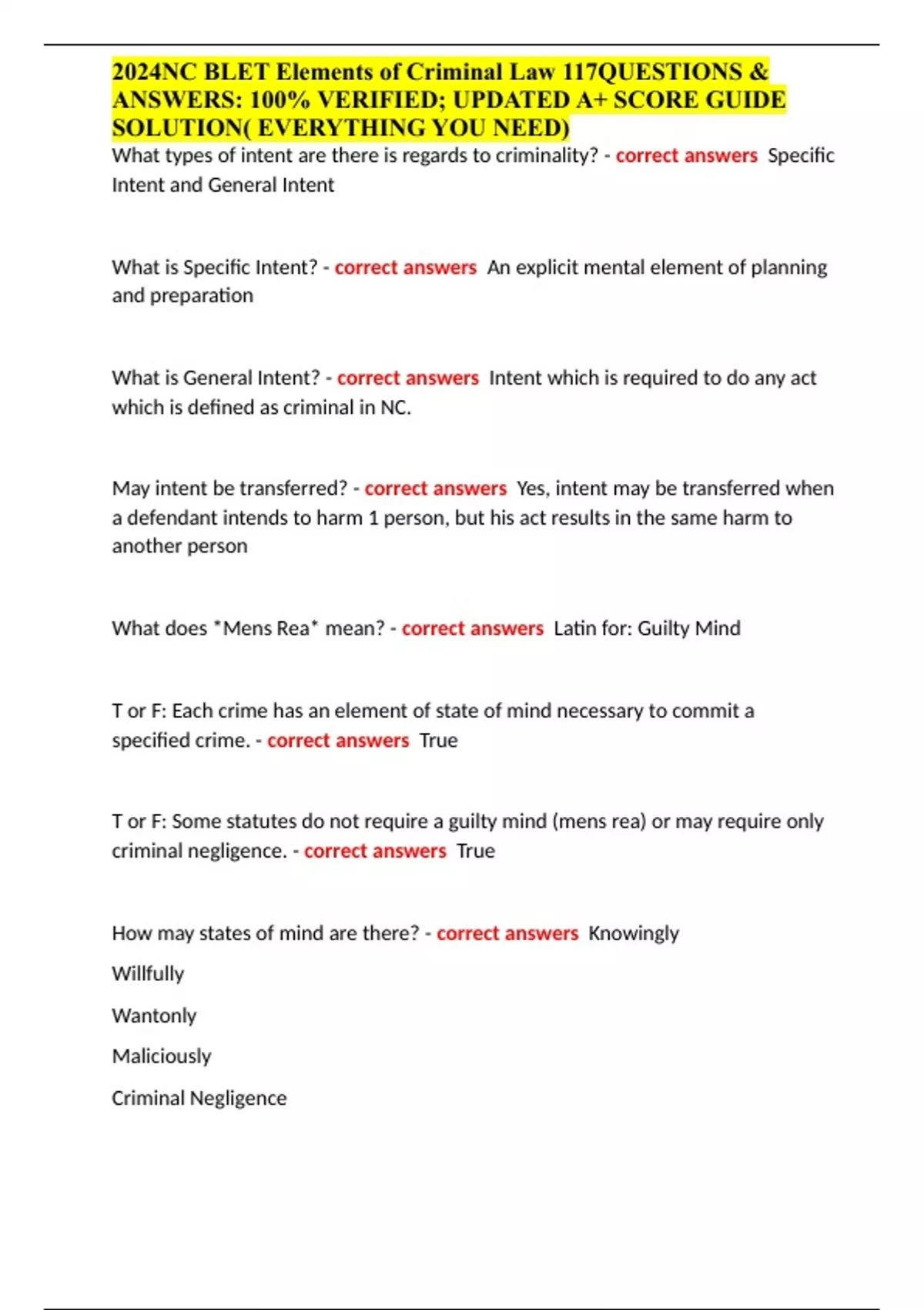 2024NC BLET Elements of Criminal Law 117QUESTIONS & ANSWERS: 100% ...