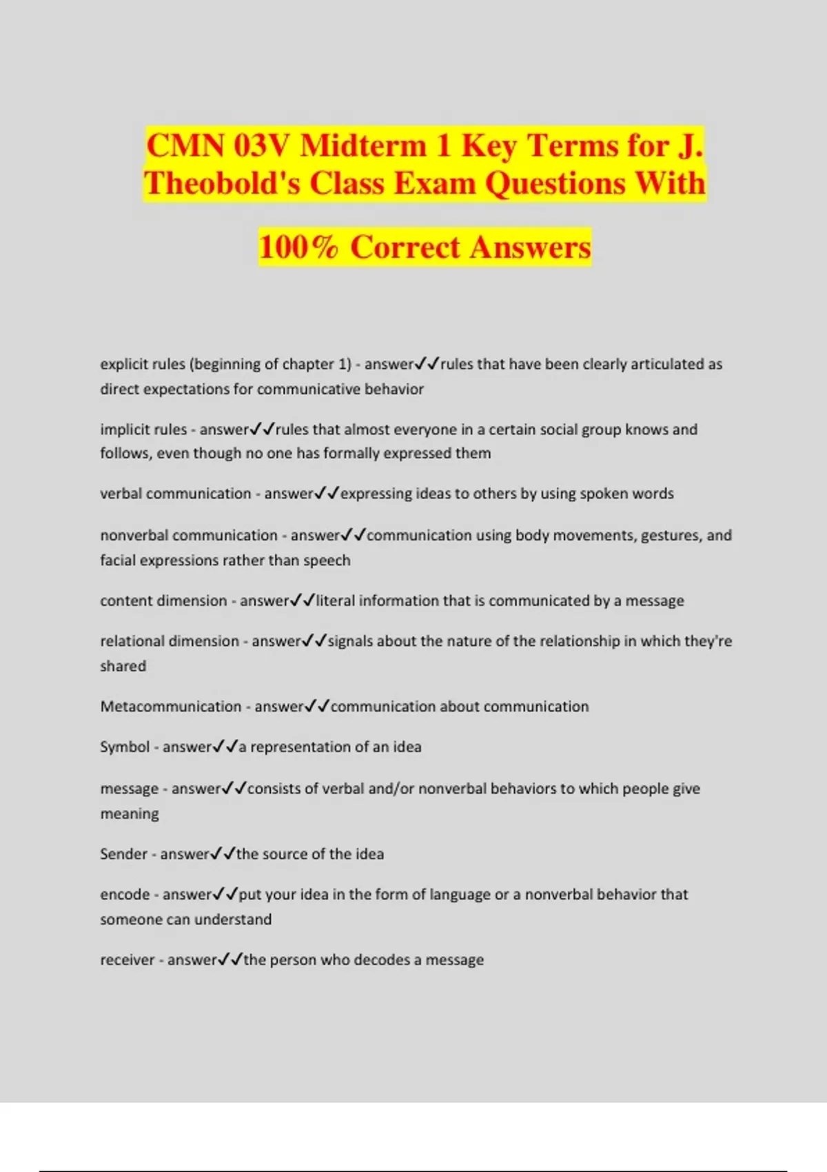 CMN 03V Midterm 1 Key Terms for J. Theobold's Class Exam Questions With 100% Correct Answers ...