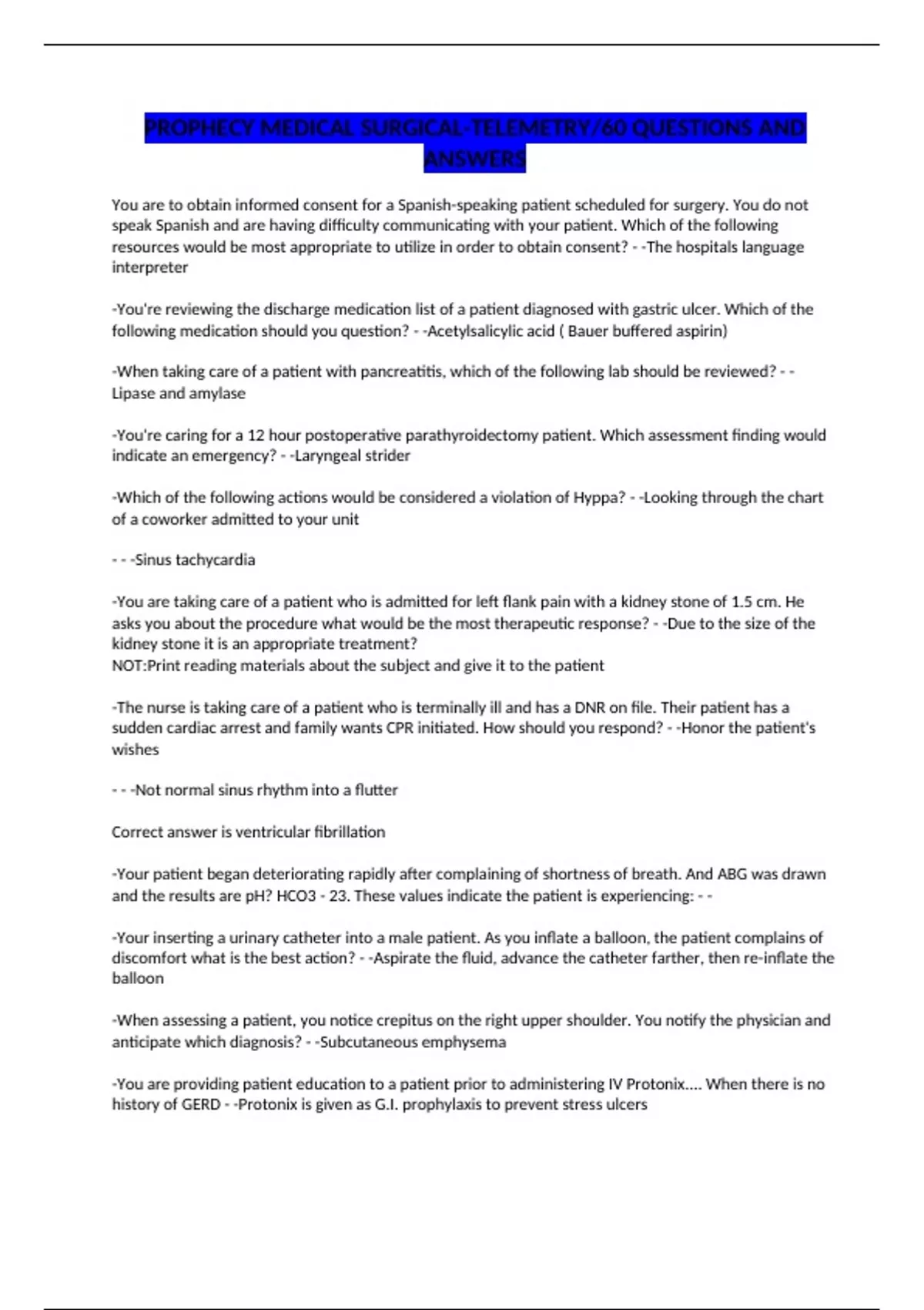 PROPHECY MEDICAL SURGICAL-TELEMETRY/60 QUESTIONS AND ANSWERS - PROPHECY ...