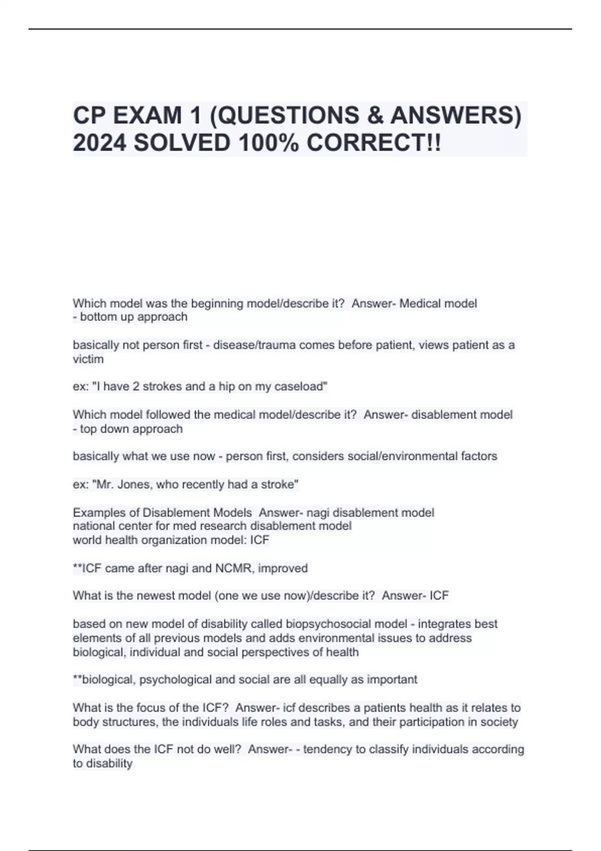 CP EXAM 1 (QUESTIONS & ANSWERS) 2024 SOLVED 100% CORRECT!! - CP ...