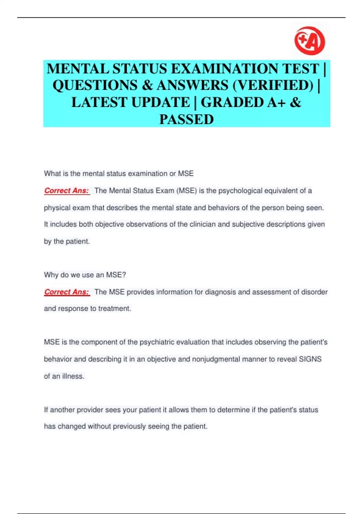 MENTAL STATUS EXAMINATION TEST | QUESTIONS & ANSWERS (VERIFIED ...