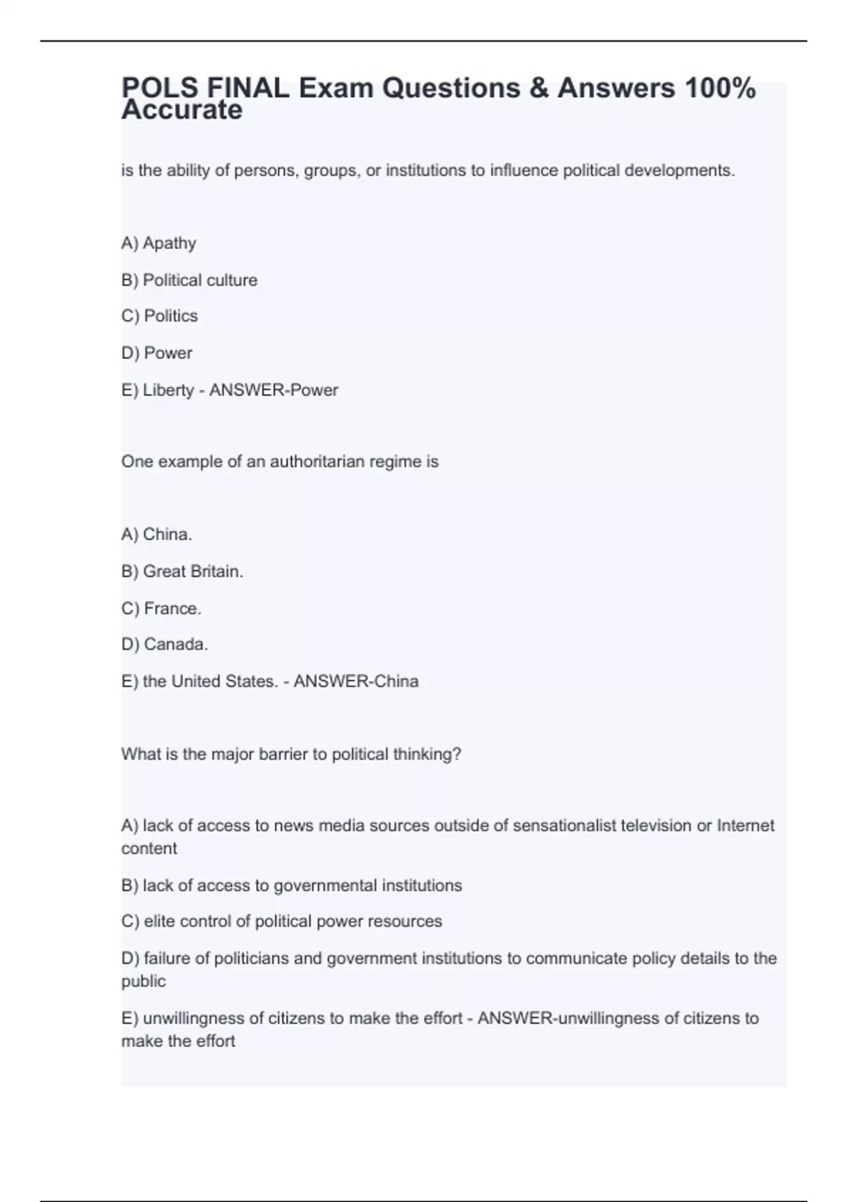 POLS FINAL Exam Questions & Answers 100% Accurate - POLS - Stuvia US