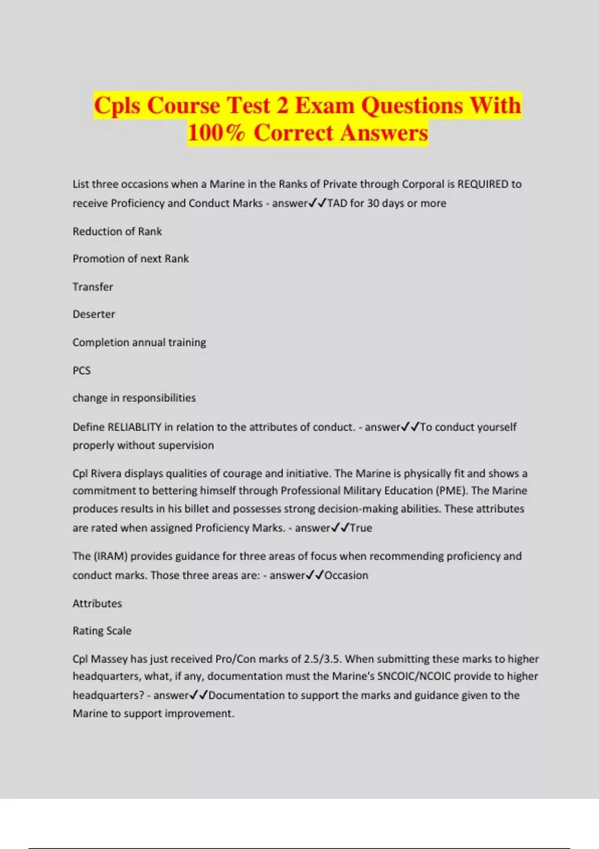 Cpls Course Test 2 Exam Questions With 100 Correct Answers Corporals Course Stuvia Us