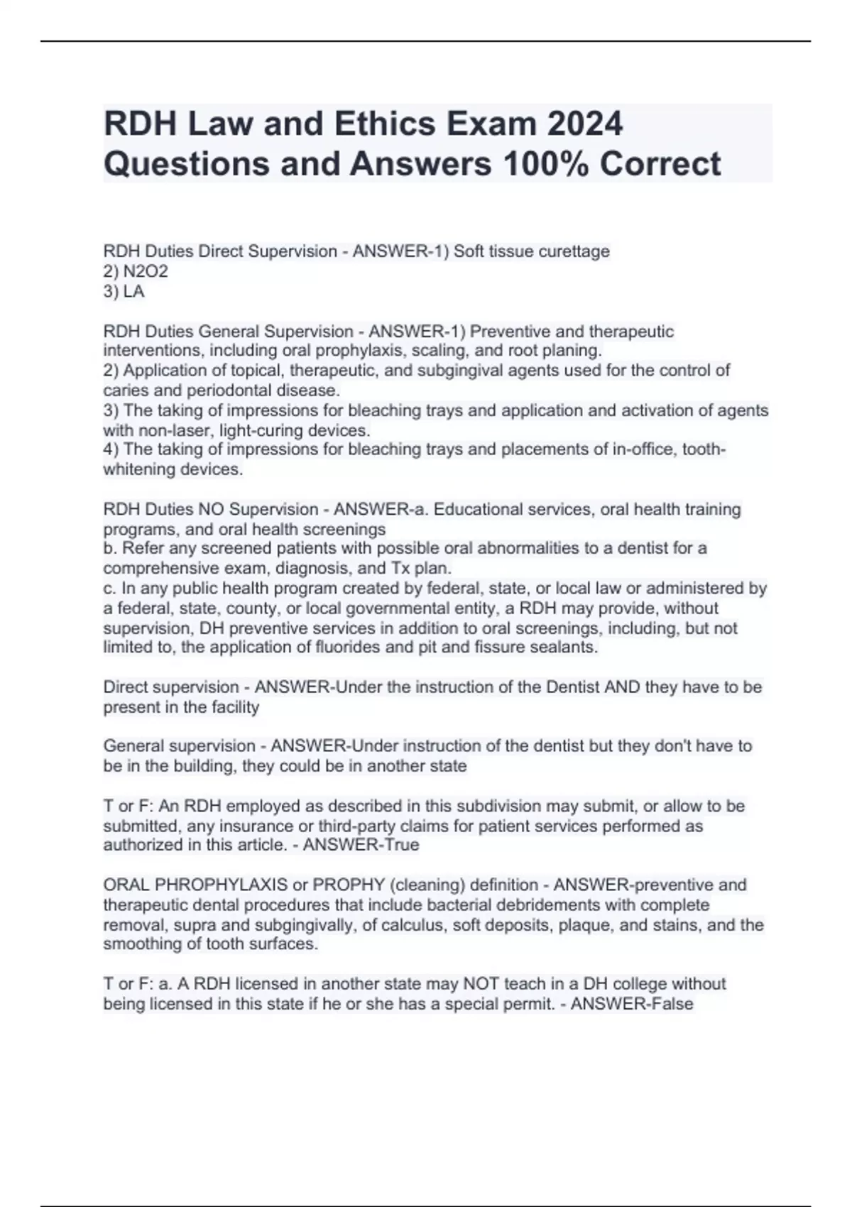 RDH Law and Ethics Exam 2024 Questions and Answers 100% Correct - RDH ...