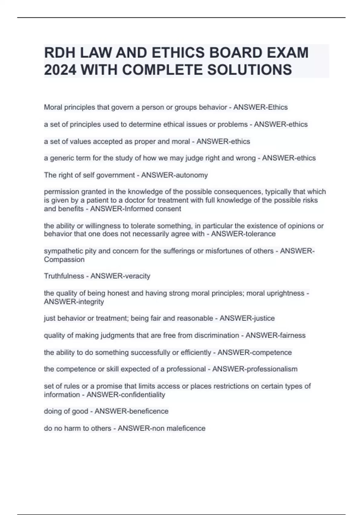 RDH LAW AND ETHICS BOARD EXAM 2024 WITH COMPLETE SOLUTIONS - RDH LAW ...