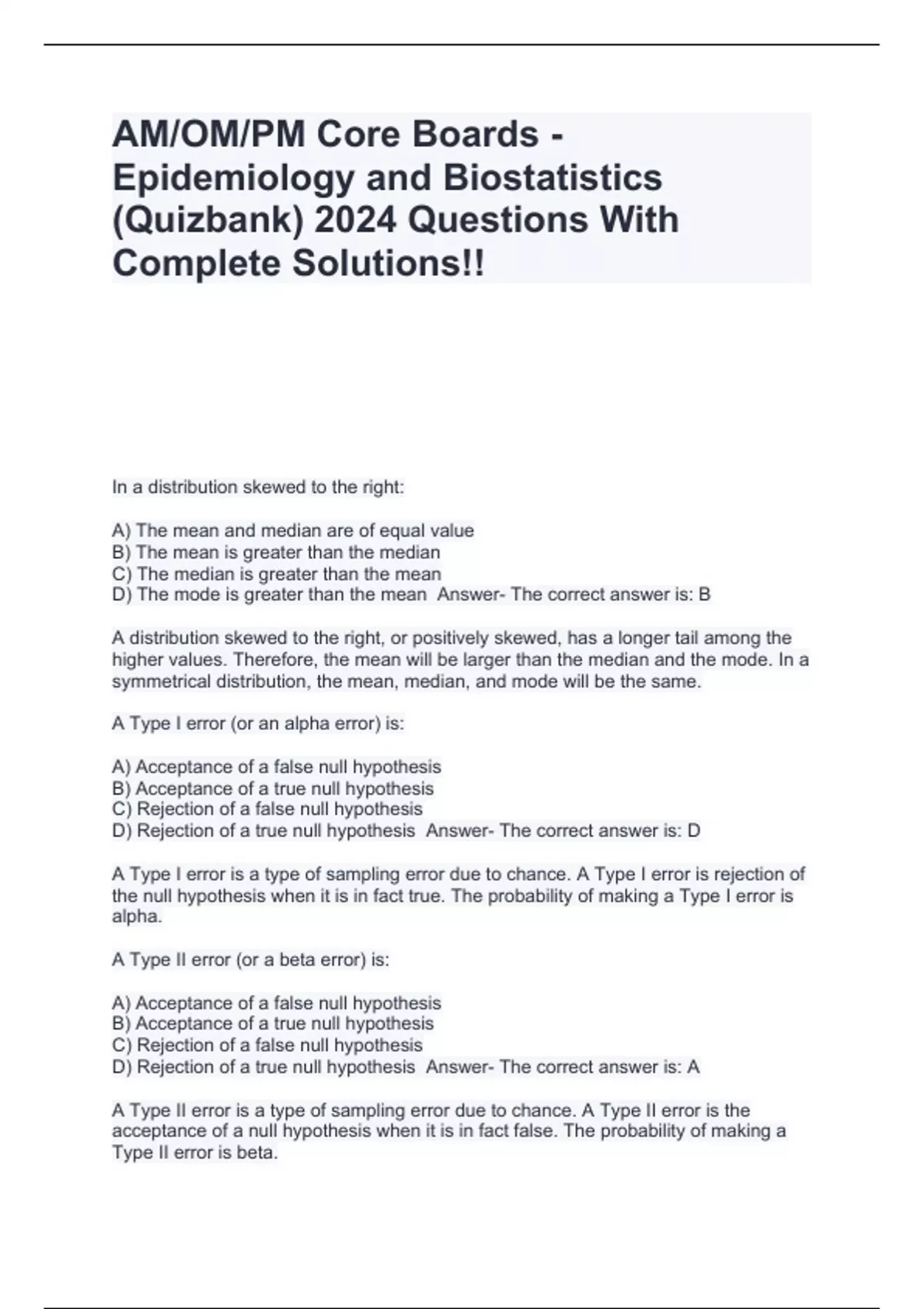 AM/OM/PM Core Boards - Epidemiology and Biostatistics (Quizbank) 2024 ...