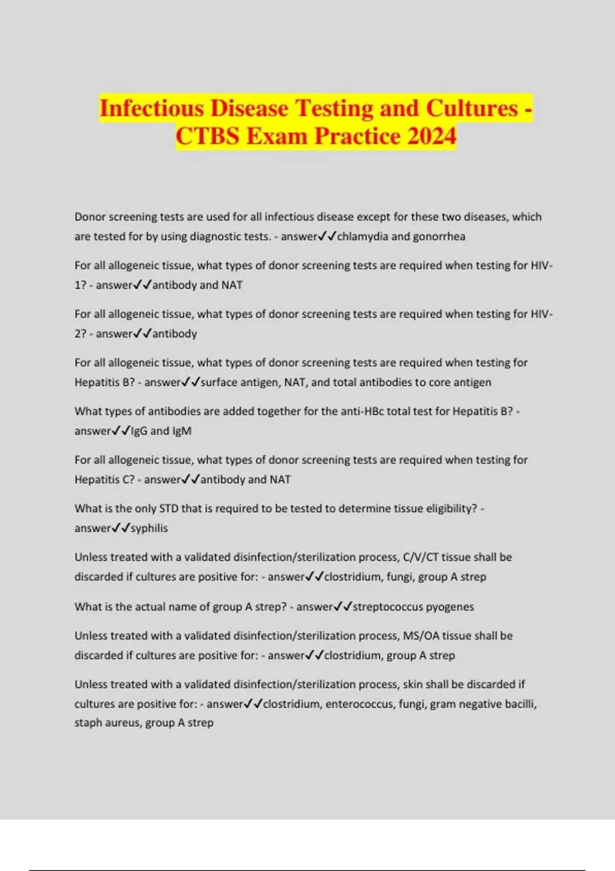 Infectious Disease Testing and Cultures - CTBS Exam Practice 2024 ...
