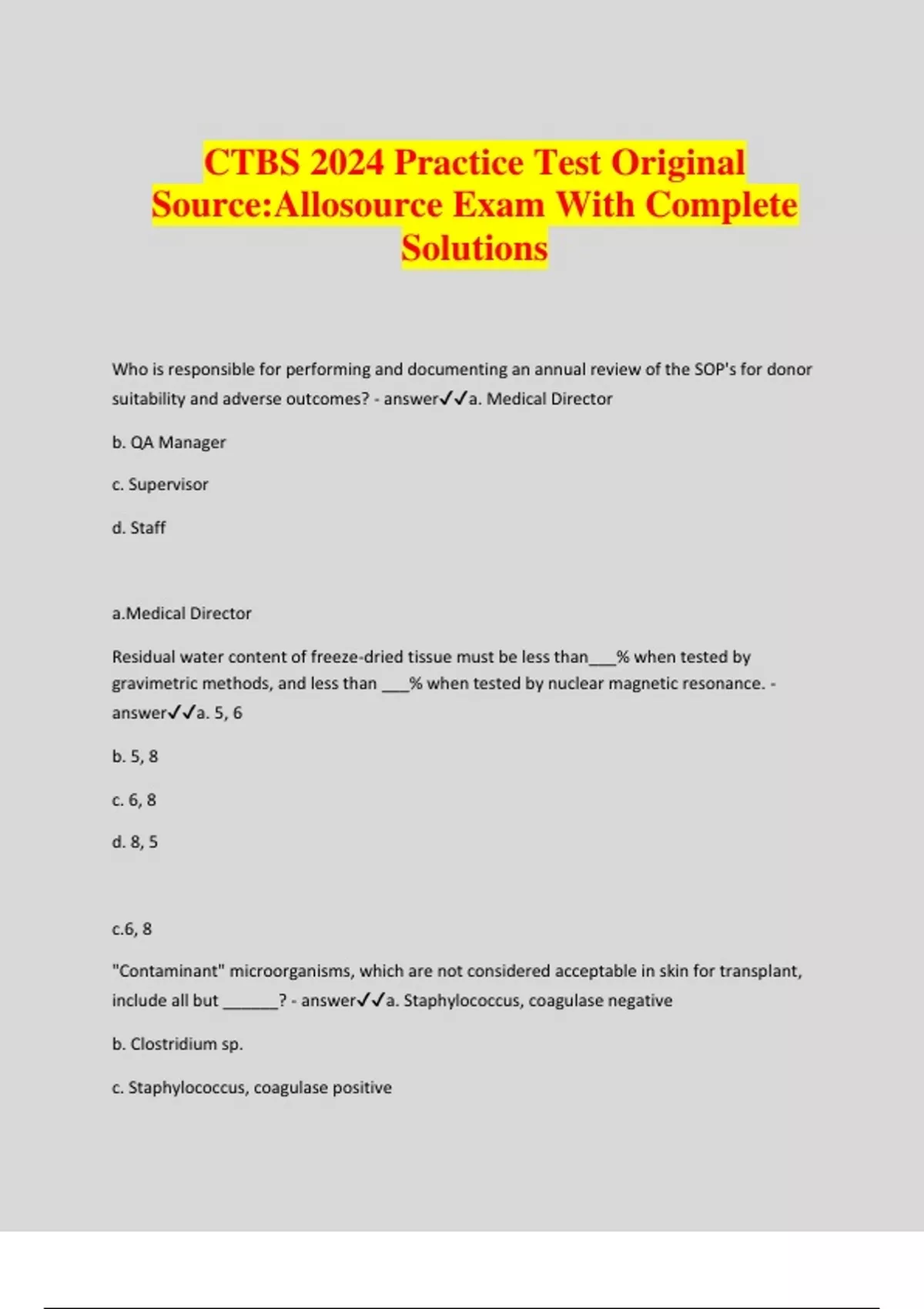 CTBS 2024 Practice Test Original Source:Allosource Exam With Complete ...
