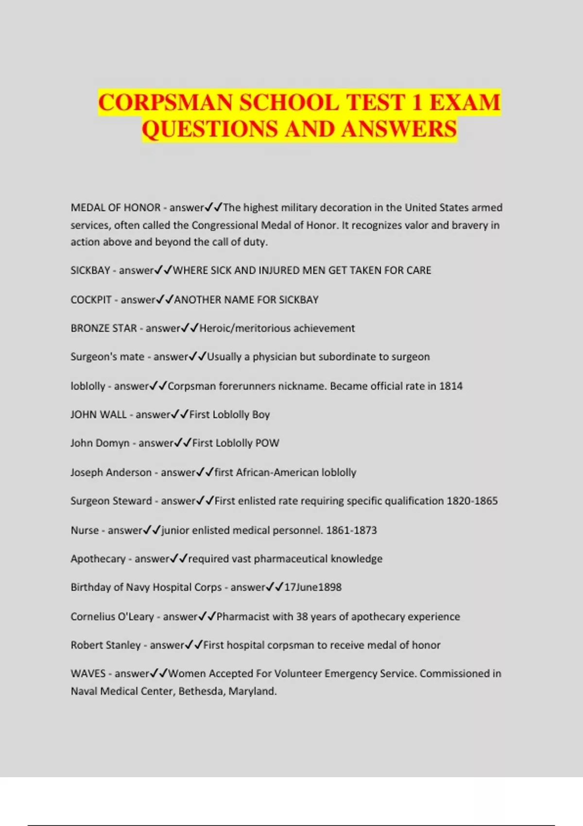 CORPSMAN SCHOOL TEST 1 EXAM QUESTIONS AND ANSWERS - Navy Hospital ...