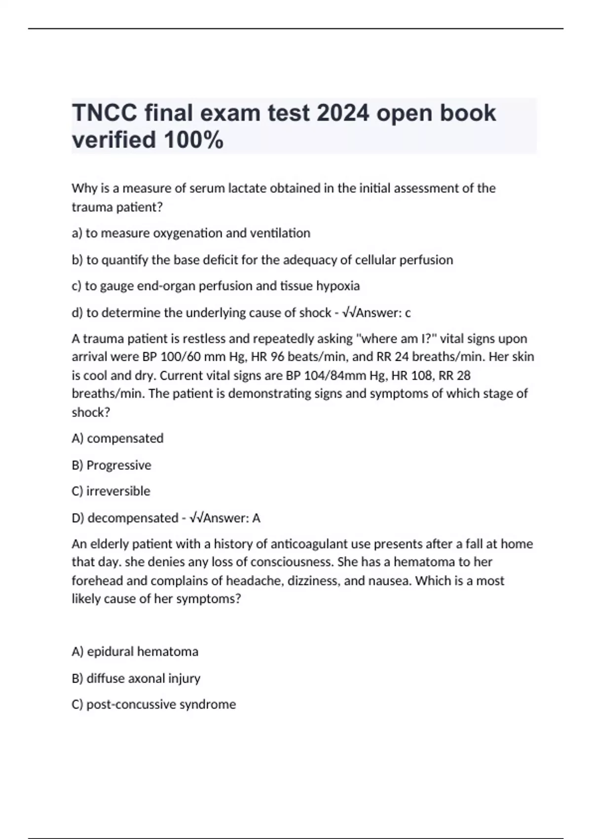 TNCC final exam test 2024 open book verified 100% - TNCC-Trauma Nursing ...