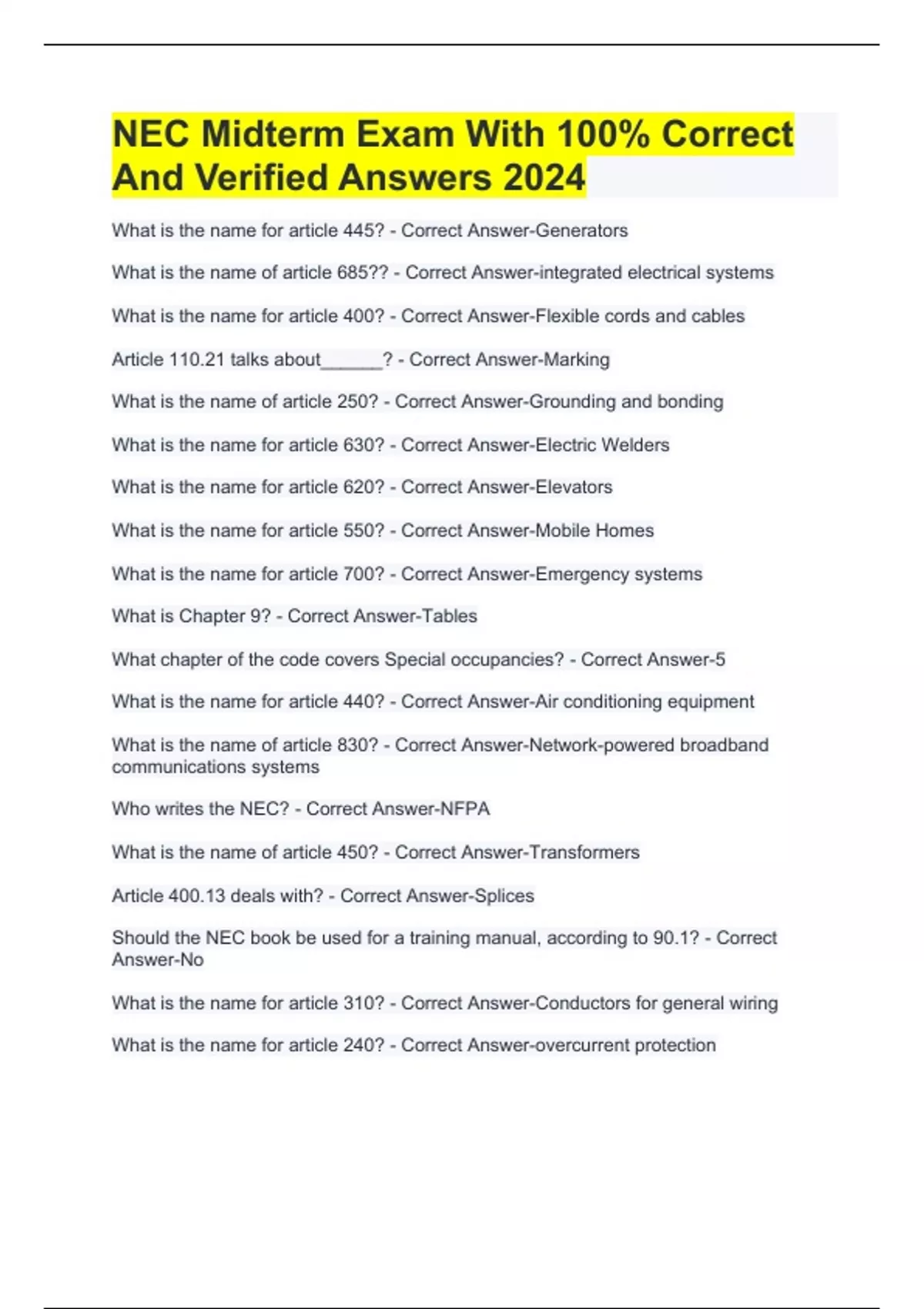 NEC Midterm Exam With 100% Correct And Verified Answers 2024 - NEC ...
