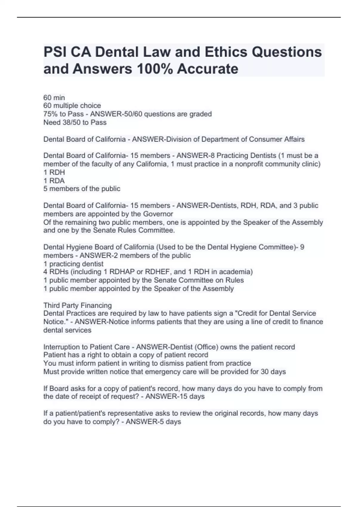 PSI CA Dental Law and Ethics Questions and Answers 100% Accurate - PSI ...