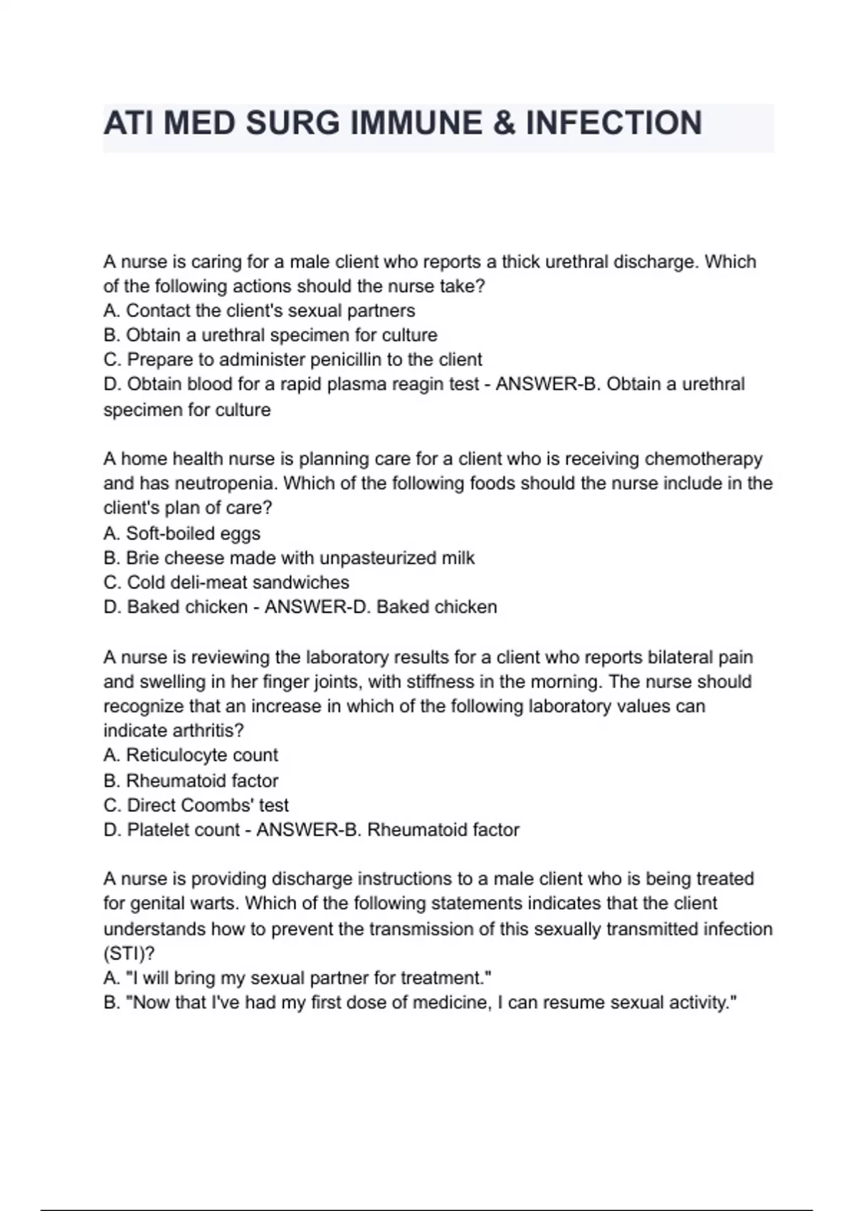 ATI MED SURG IMMUNE & INFECTION questions and answers - ATI MED SURG ...
