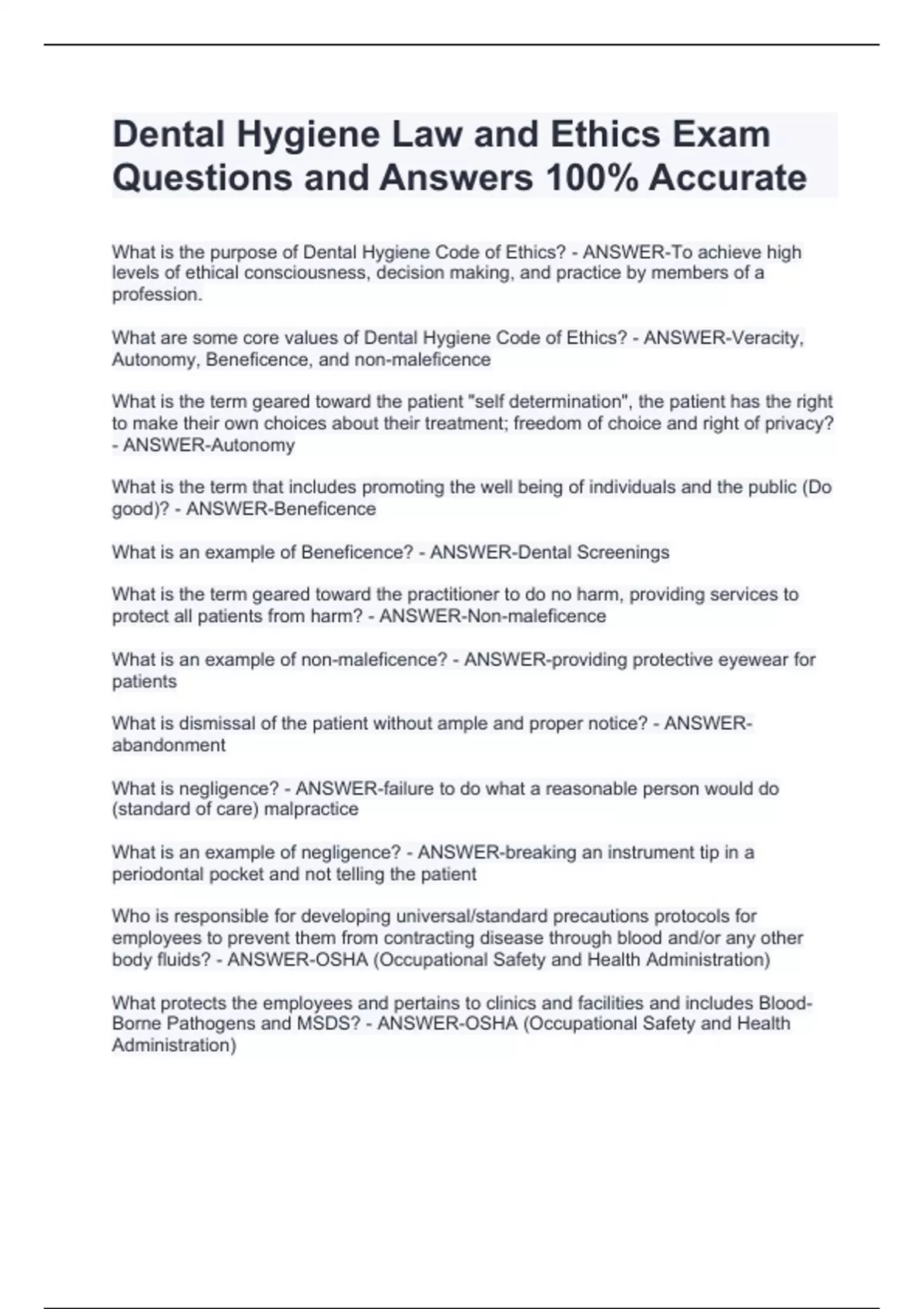 Dental Hygiene Law and Ethics Exam Questions and Answers 100% Accurate ...