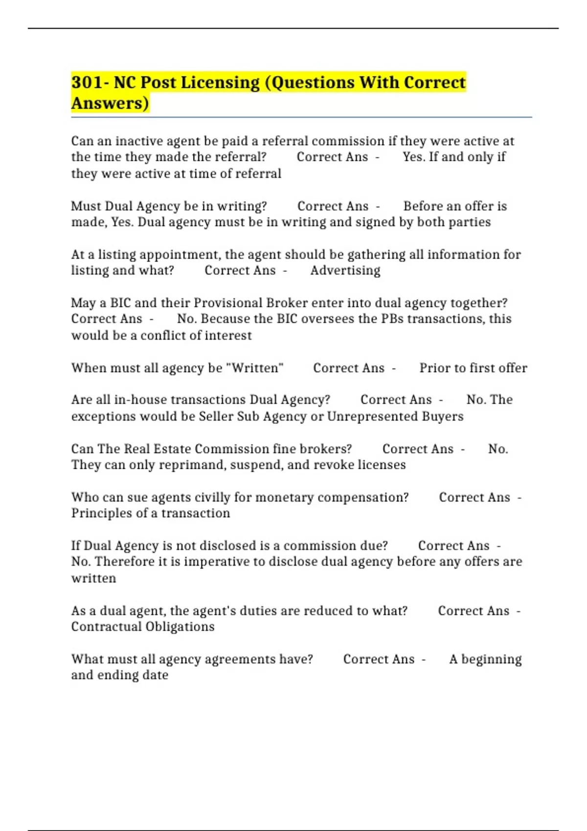 301- NC Post Licensing (Questions With Correct Answers) - POST LICENSE - Stuvia US