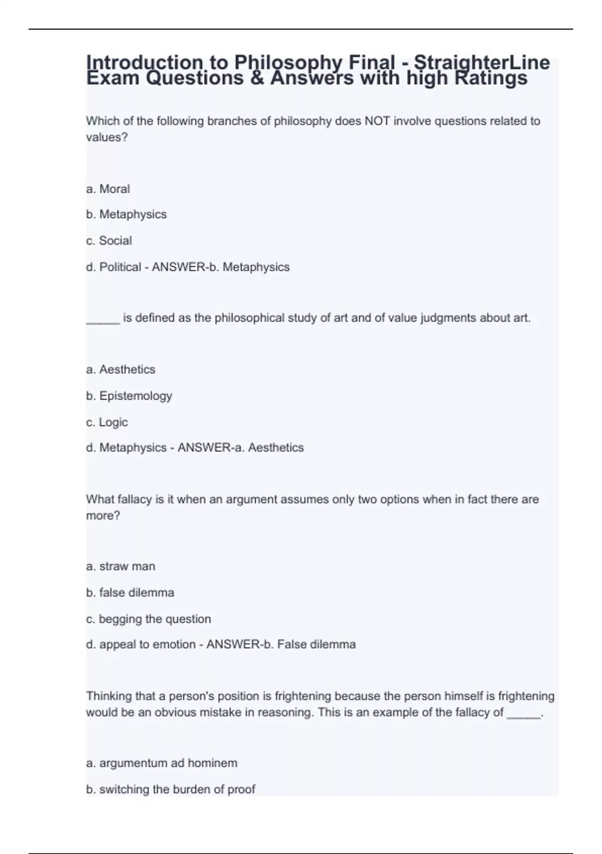 Introduction to Philosophy Final - StraighterLine Exam Questions ...