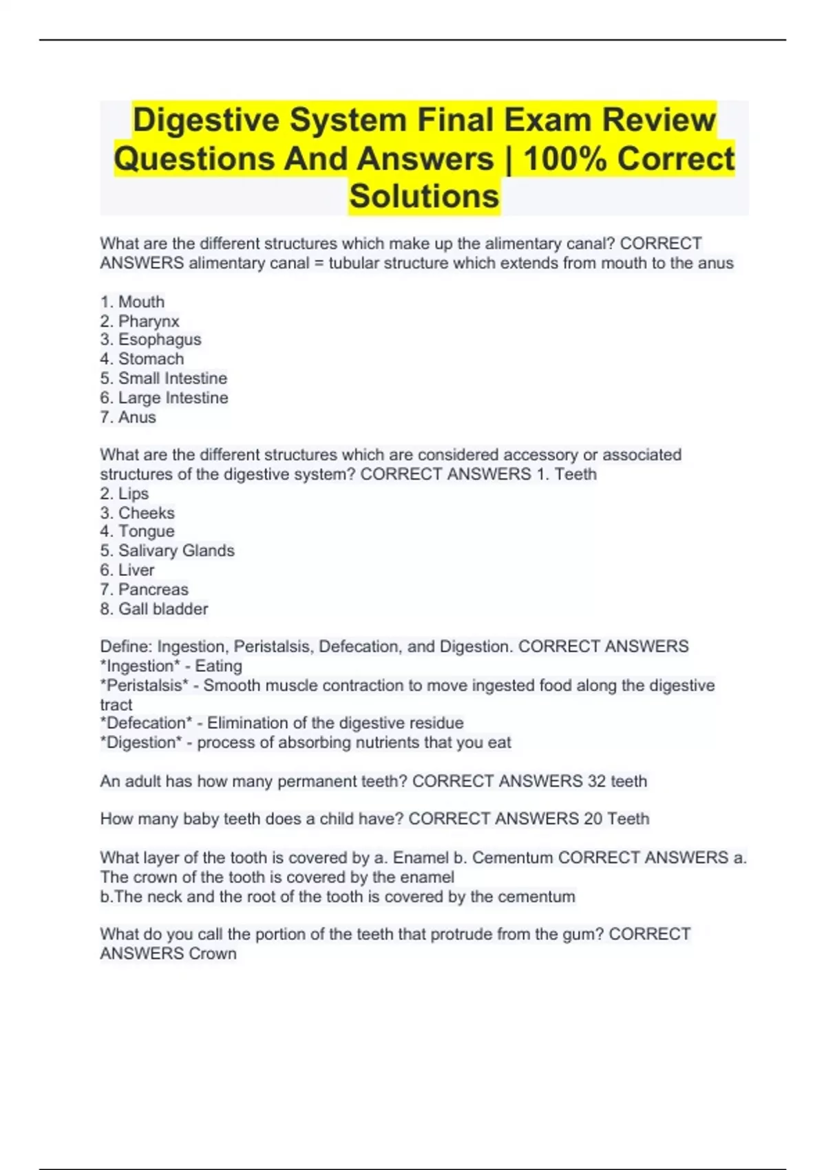 Digestive System Final Exam Review Questions And Answers | 100% Correct ...