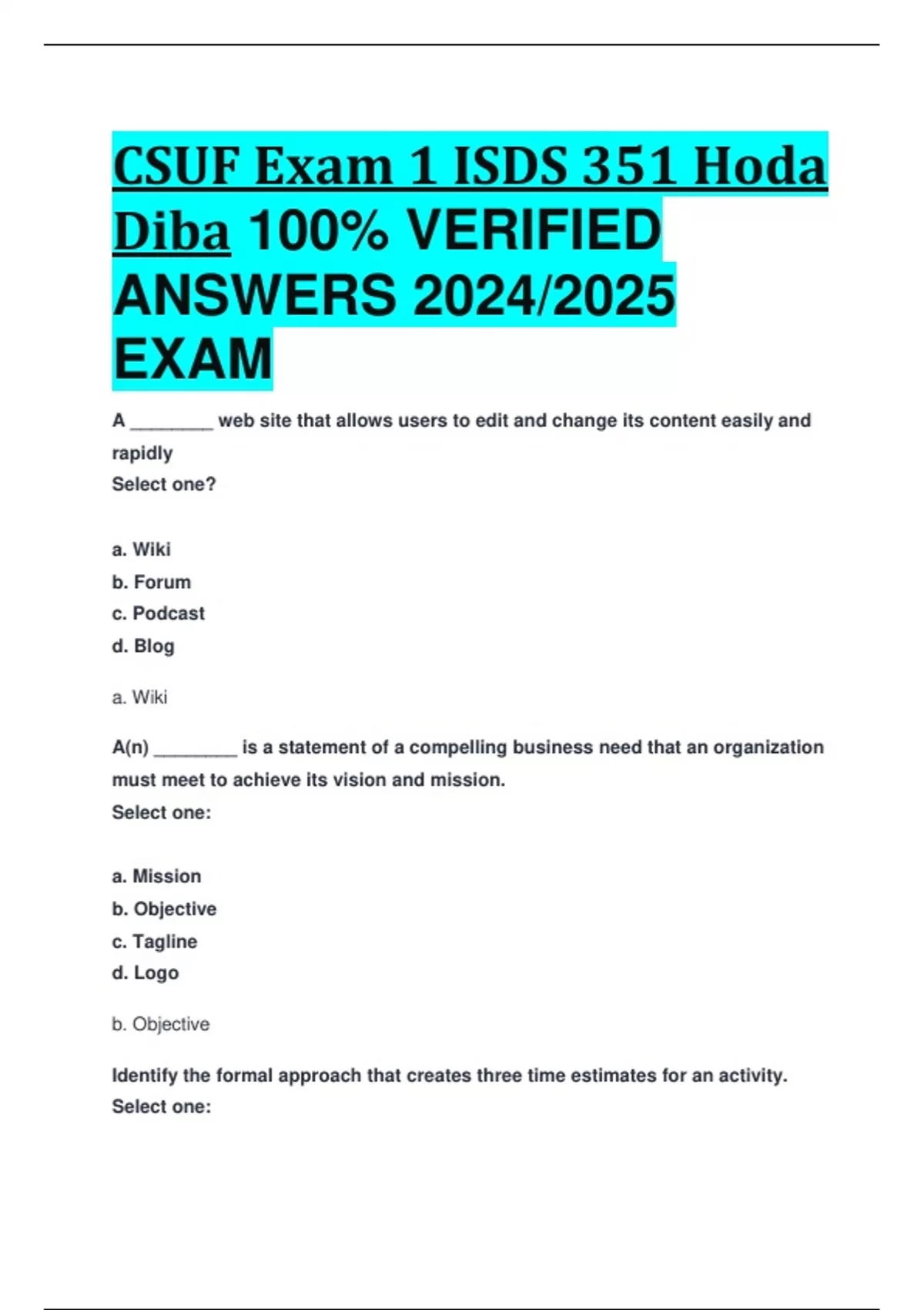 BEST REVIEW CSUF Exam 1 ISDS 351 Hoda Diba 100% VERIFIED ANSWERS 2024/ ...