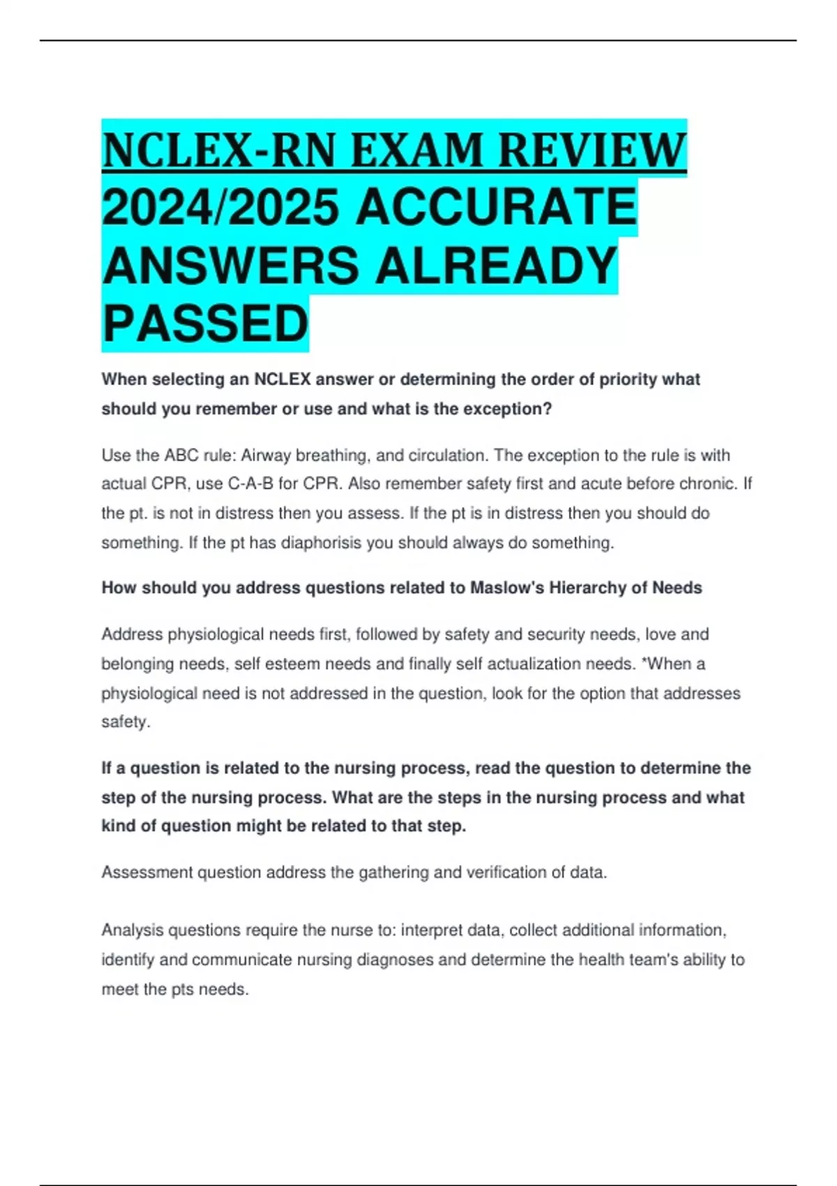 BEST ANSWERS NCLEX-RN EXAM REVIEW 2024/2025 ACCURATE ANSWERS ALREADY ...