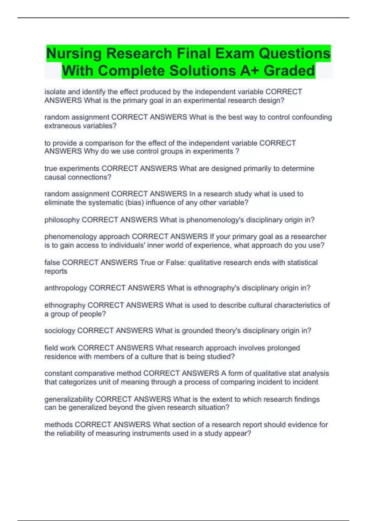 Nursing Research Final Exam Questions With Complete Solutions A+ Graded ...