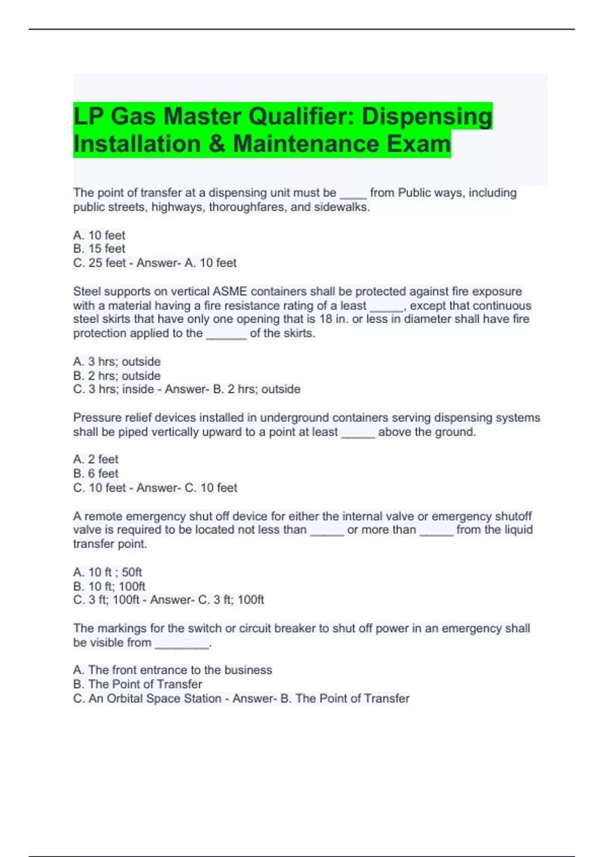 LP Gas Master Qualifier Dispensing Installation & Maintenance Exam 2024 ...