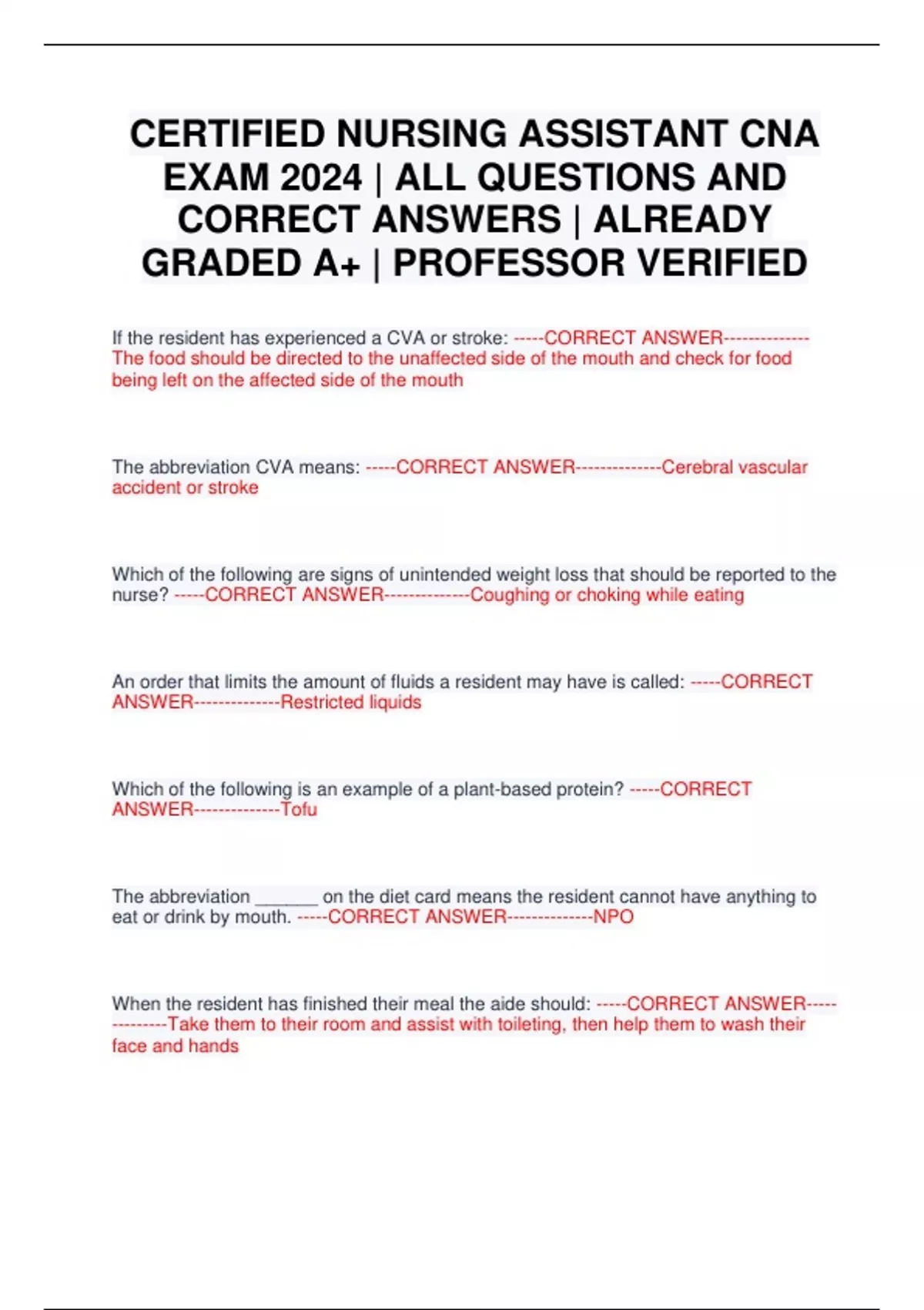 CERTIFIED NURSING ASSISTANT CNA EXAM 2024 | ALL QUESTIONS AND CORRECT ...