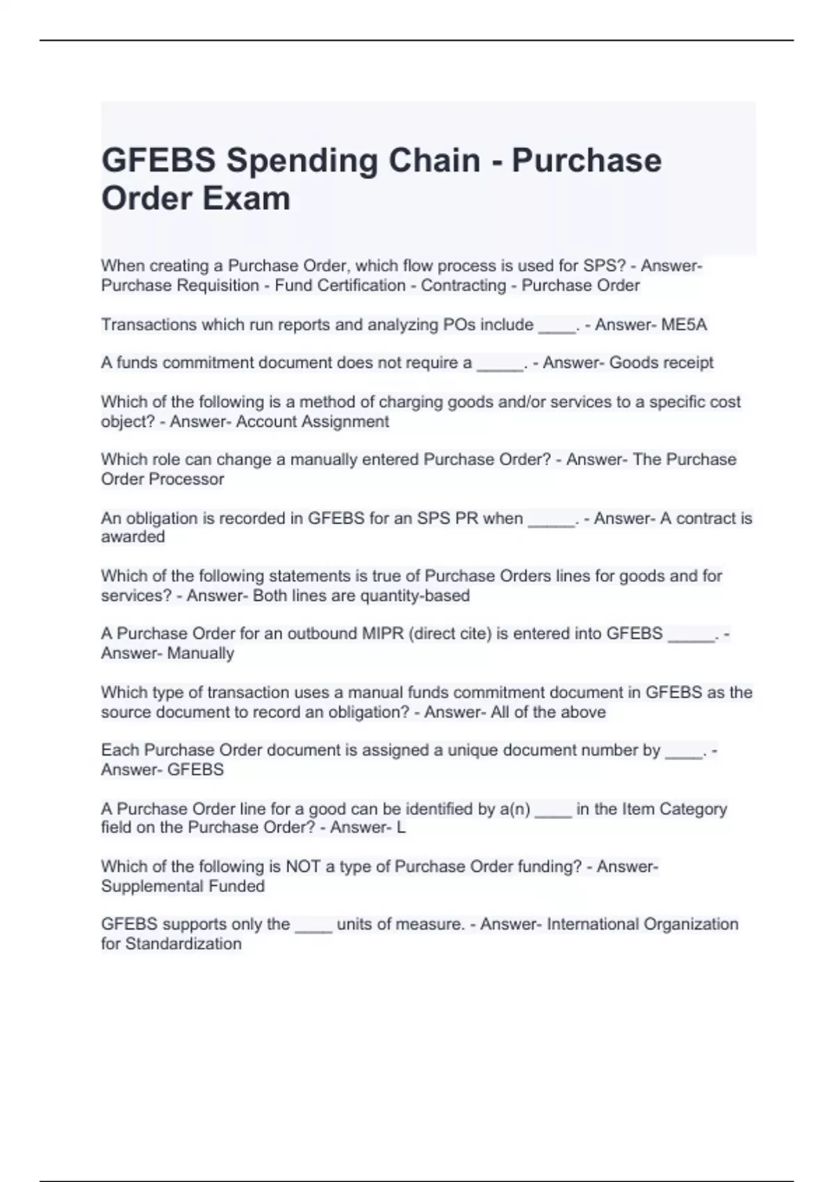 GFEBS Spending Chain - Purchase Order Exam 2024 Questions and Answers ...