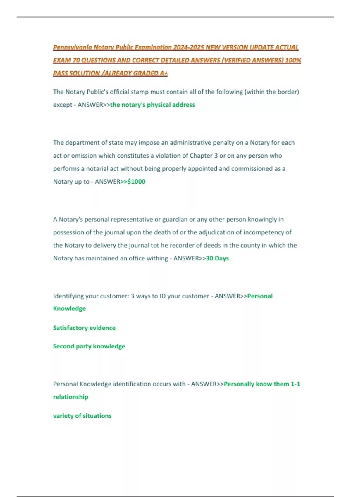 Pennsylvania Notary Public Examination NEW VERSION UPDATE ACTUAL EXAM ...