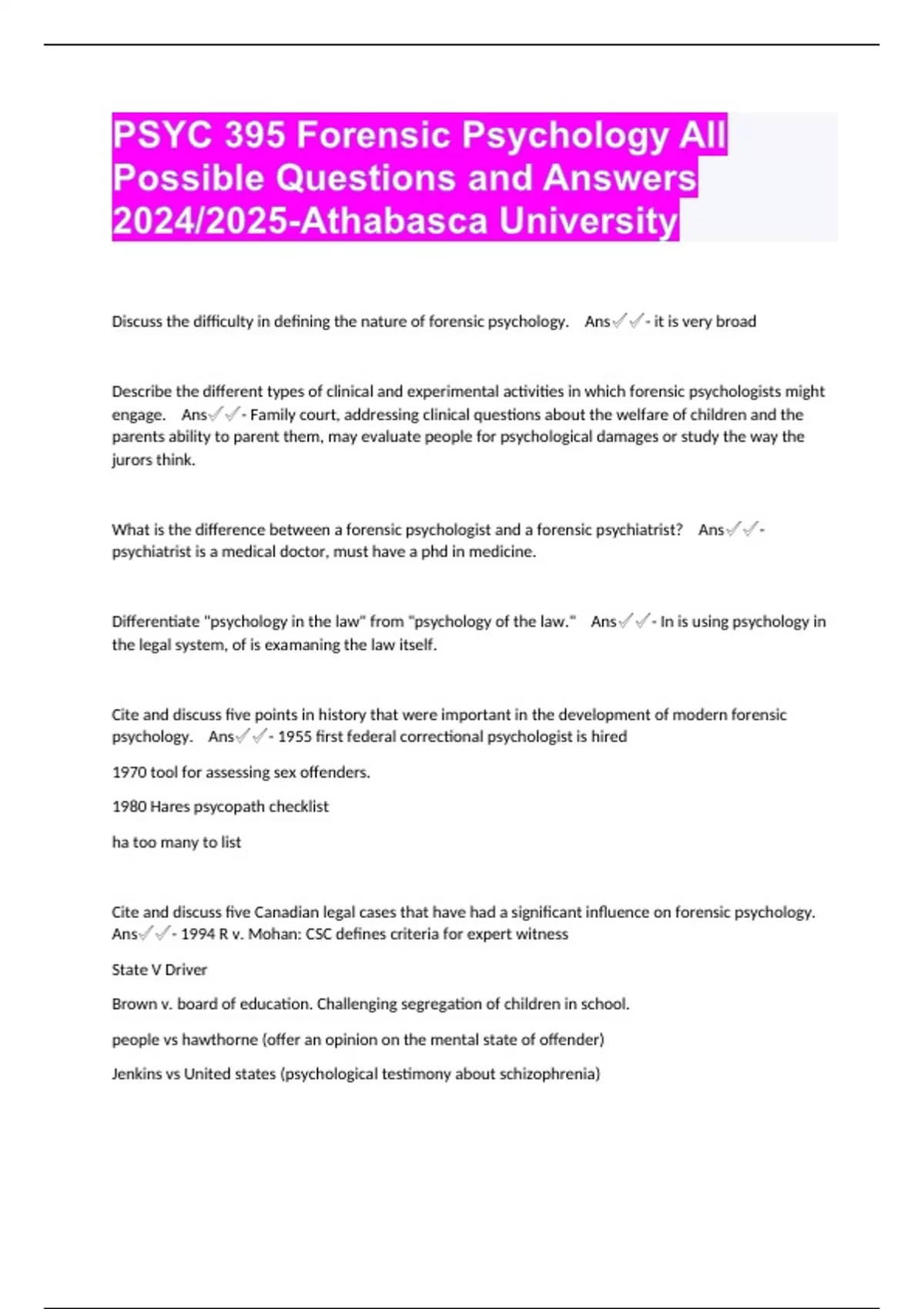 PSYC 395 Forensic Psychology All Possible Questions and Answers 2024/ ...