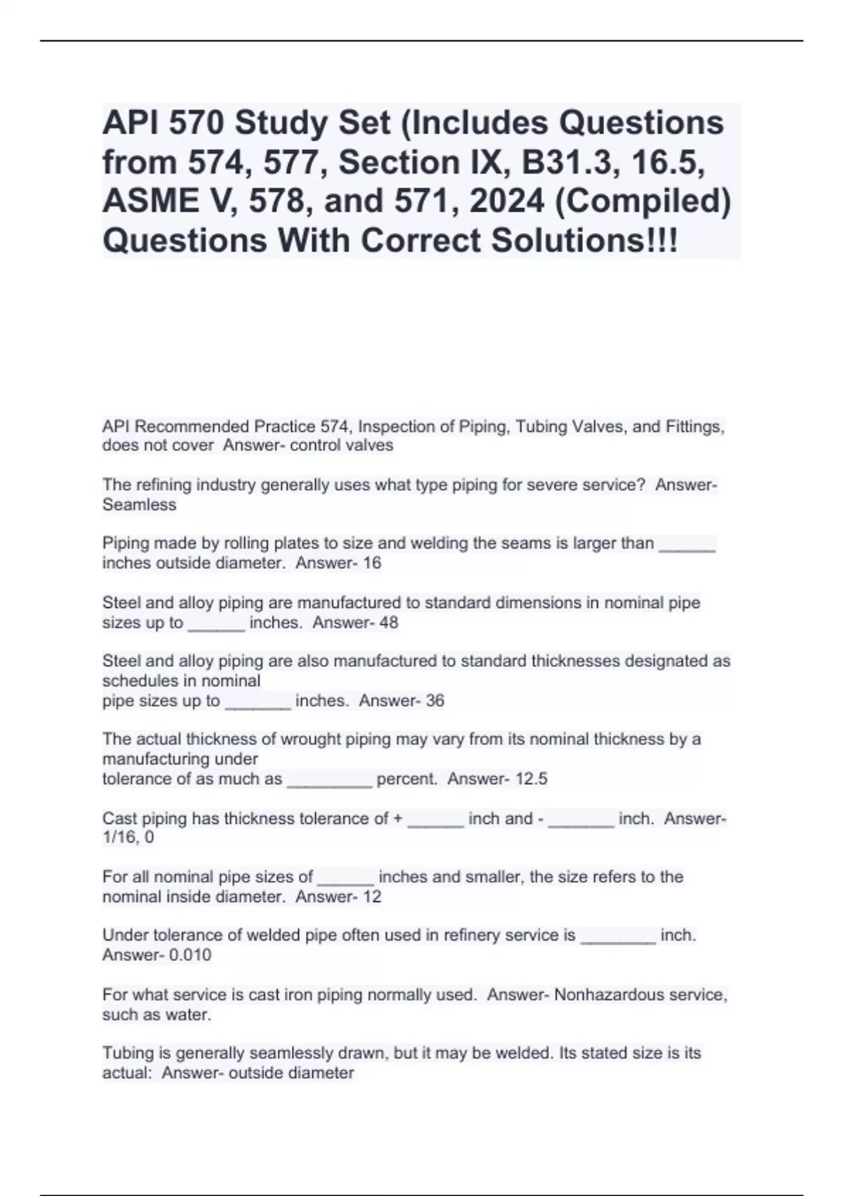 API 570 Study Set (Includes Questions from 574, 577, Section IX, B31.3 ...