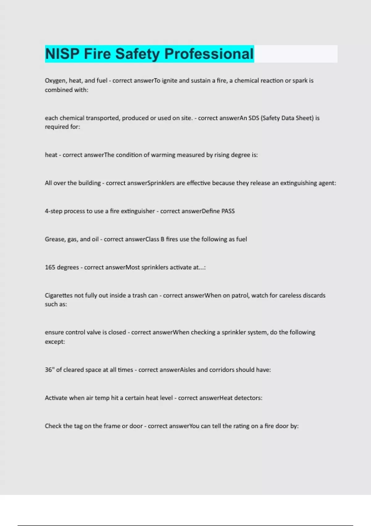 NISP Fire Safety Professional Questions and answers latest update ...