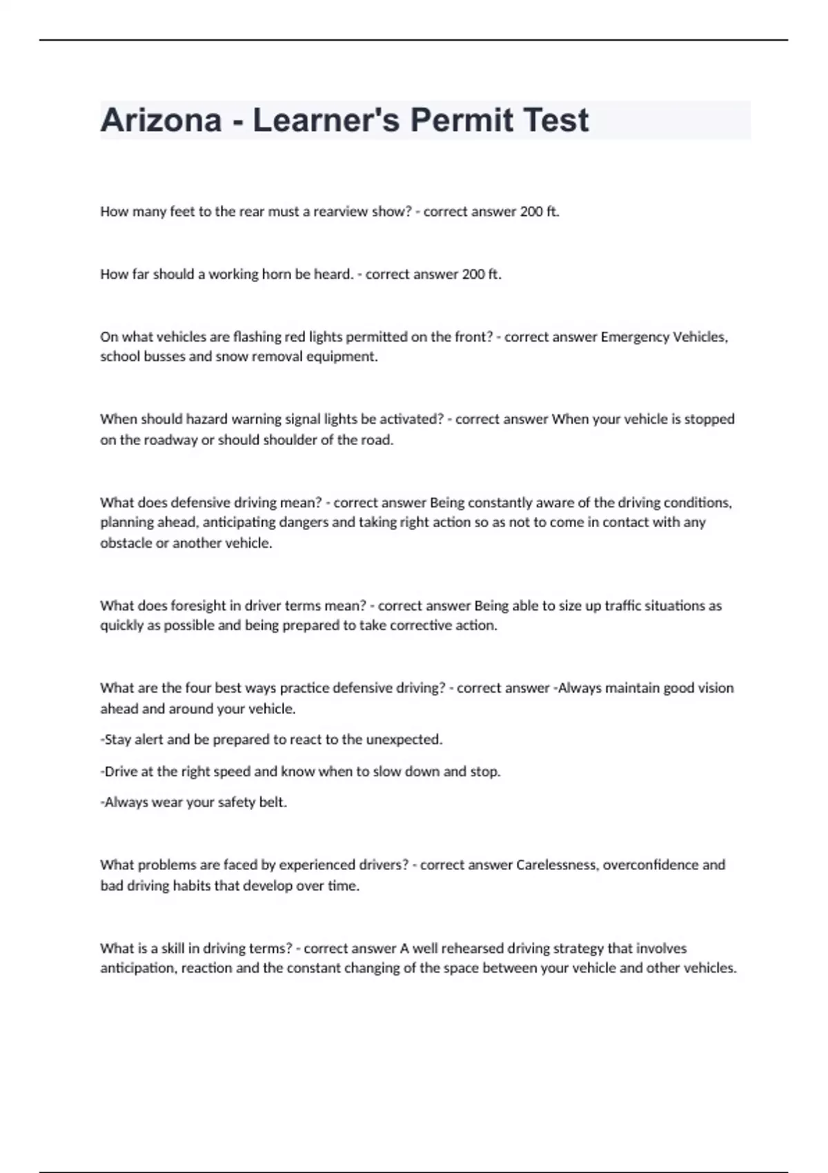 Arizona - Learner's Permit Test with 100% correct answers rated A+ 2024 ...