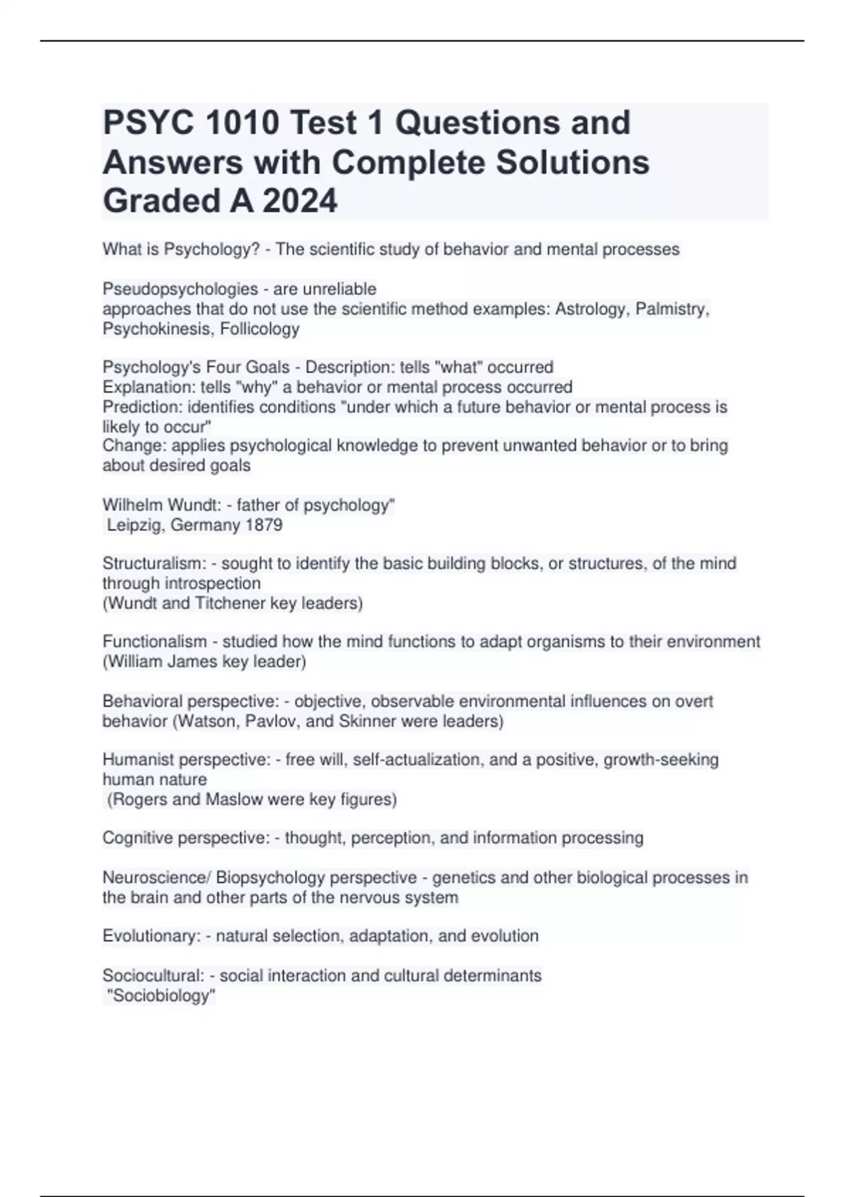 PSYC 1010 Test 1 Questions and Answers with Complete Solutions Graded A ...