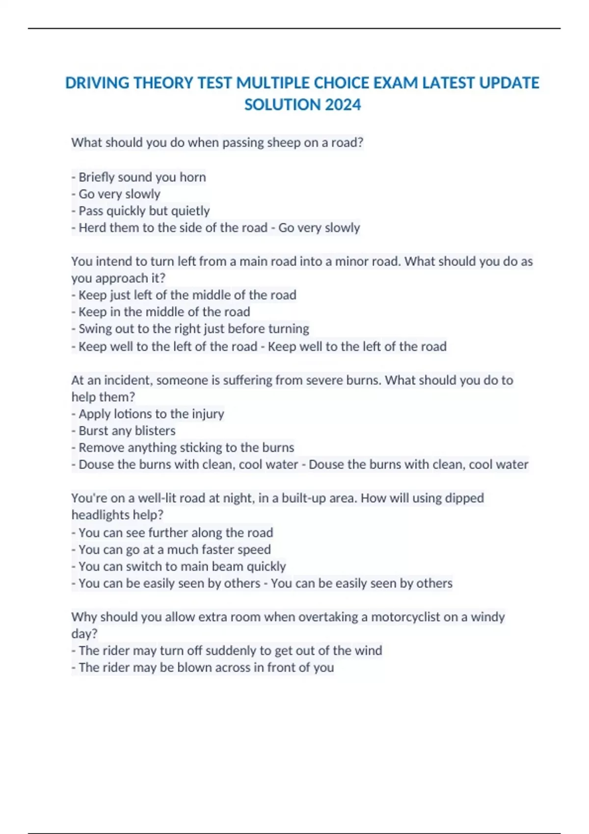 DRIVING THEORY TEST MULTIPLE CHOICE EXAM LATEST UPDATE SOLUTION 2024 ...