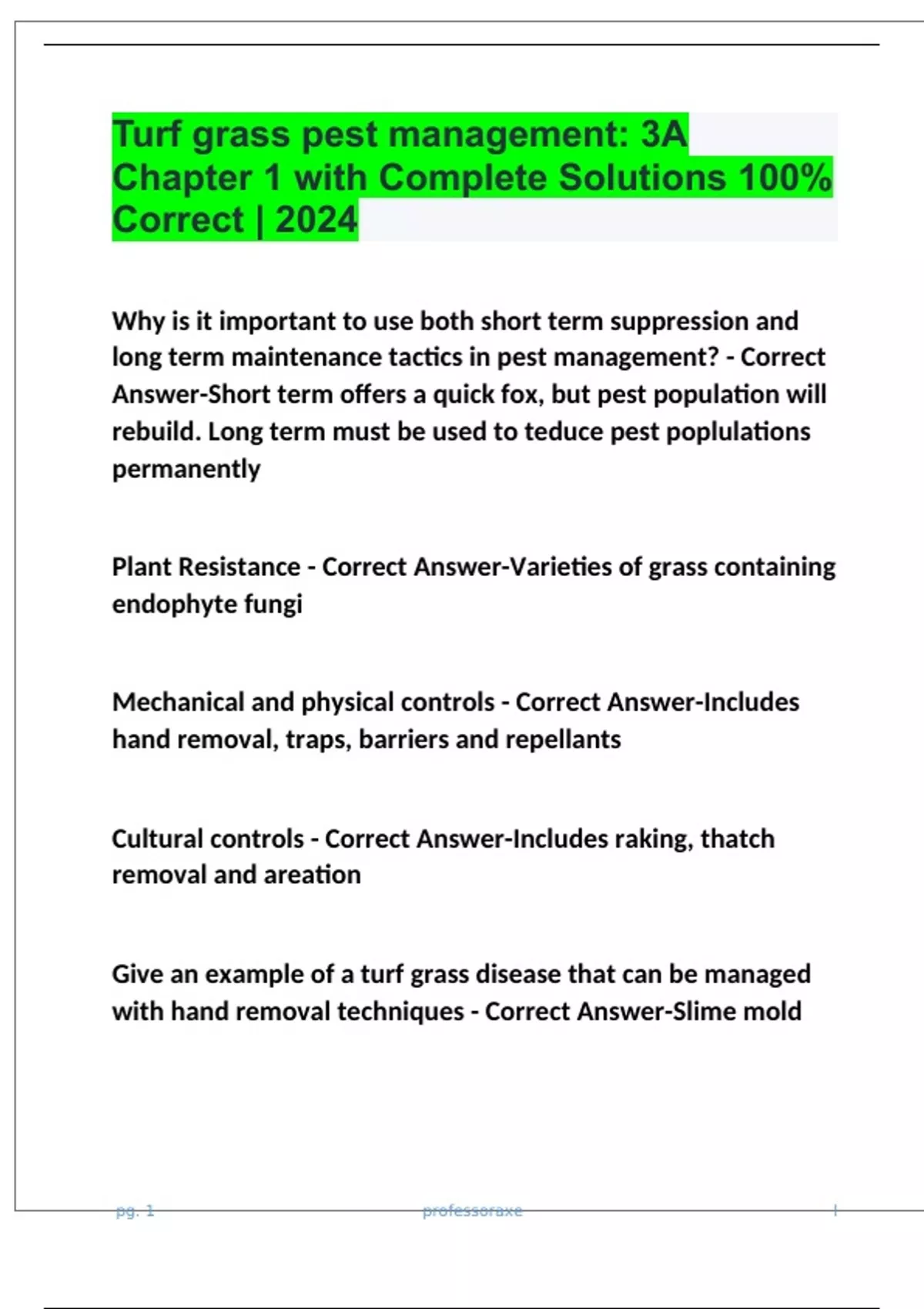 Turf grass pest management: 3A Chapter 1 with Complete Solutions 100% ...