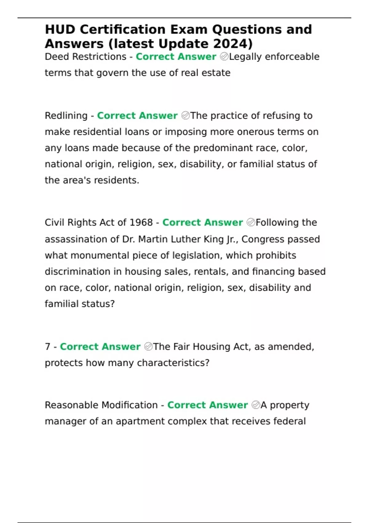 HUD Certification Exam Questions and Answers (latest Update 2024) - HUD ...