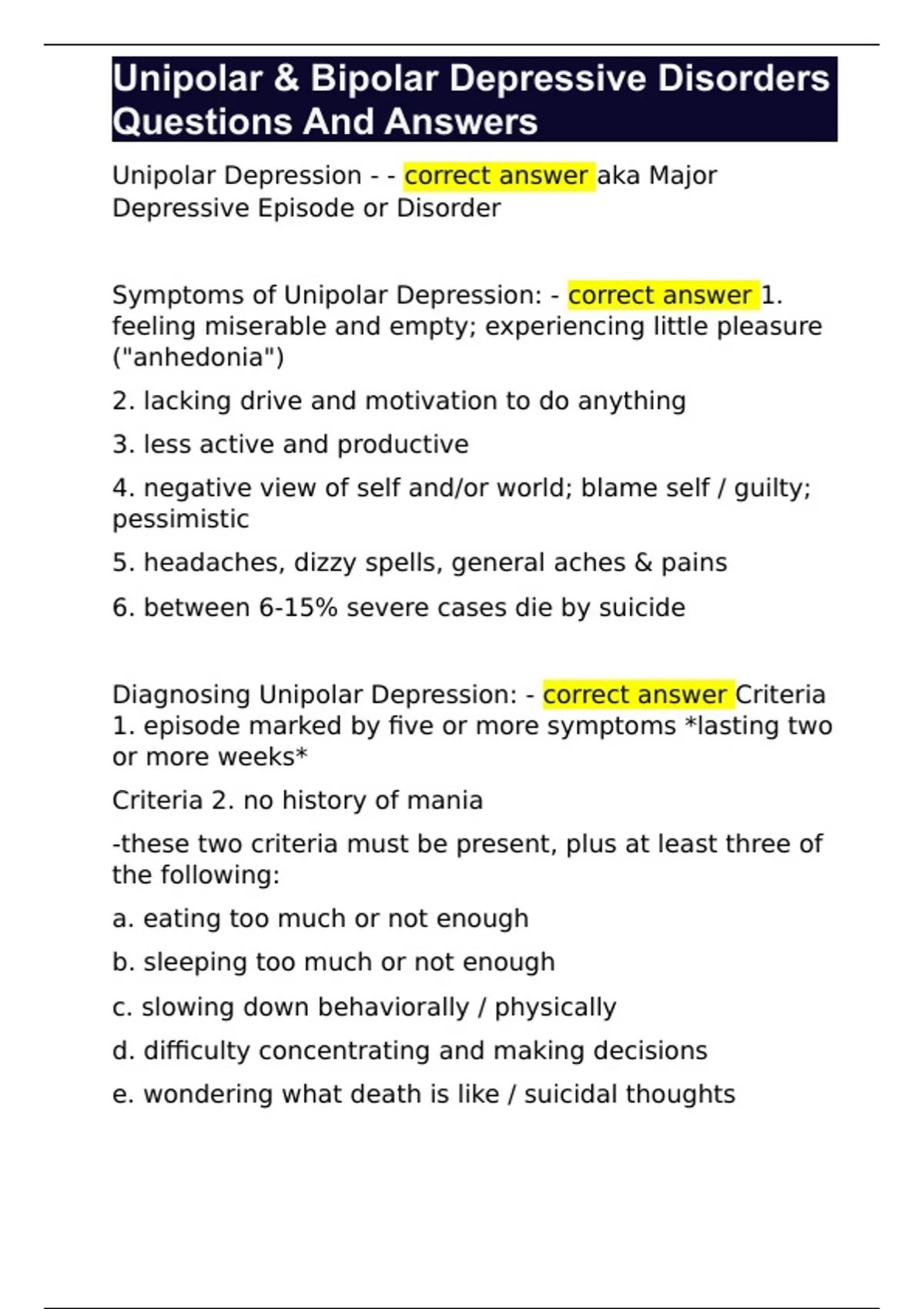 Unipolar & Bipolar Depressive Disorders Questions And Answers ...