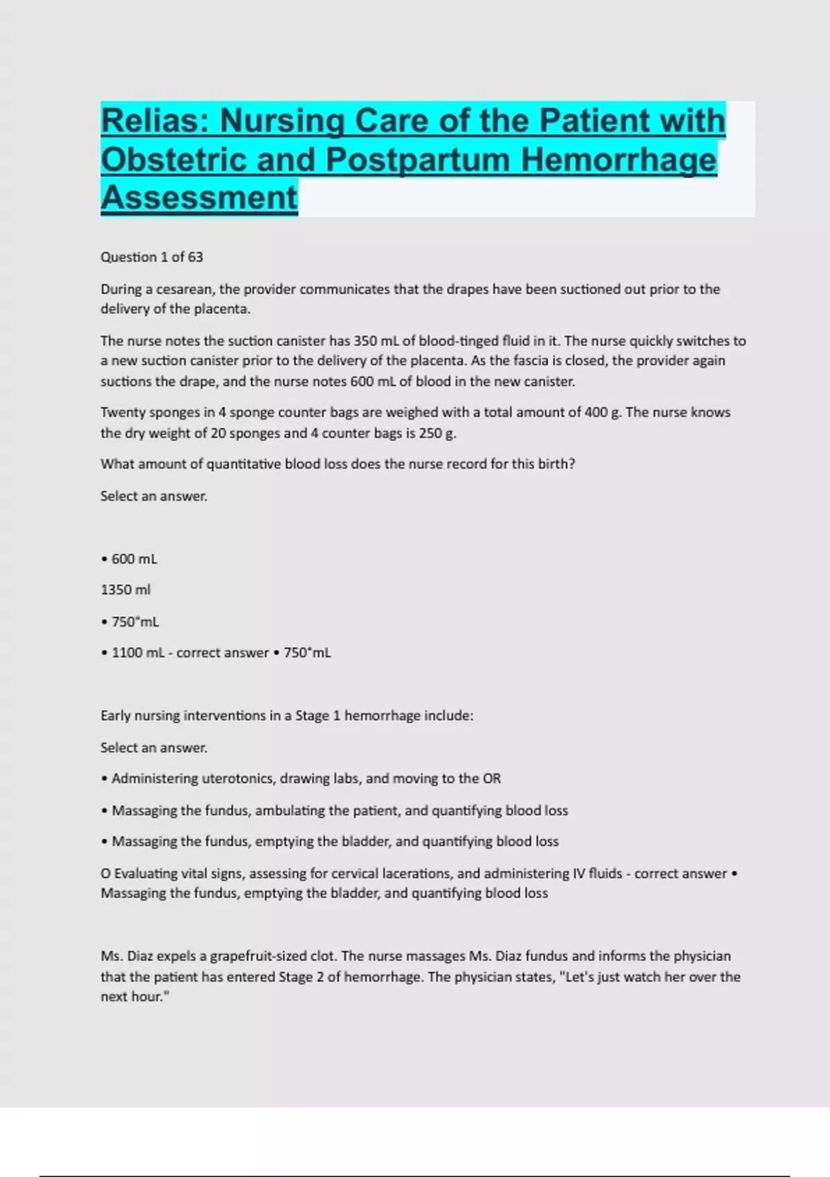 Relias Nursing Care of the Patient with Obstetric and Postpartum ...