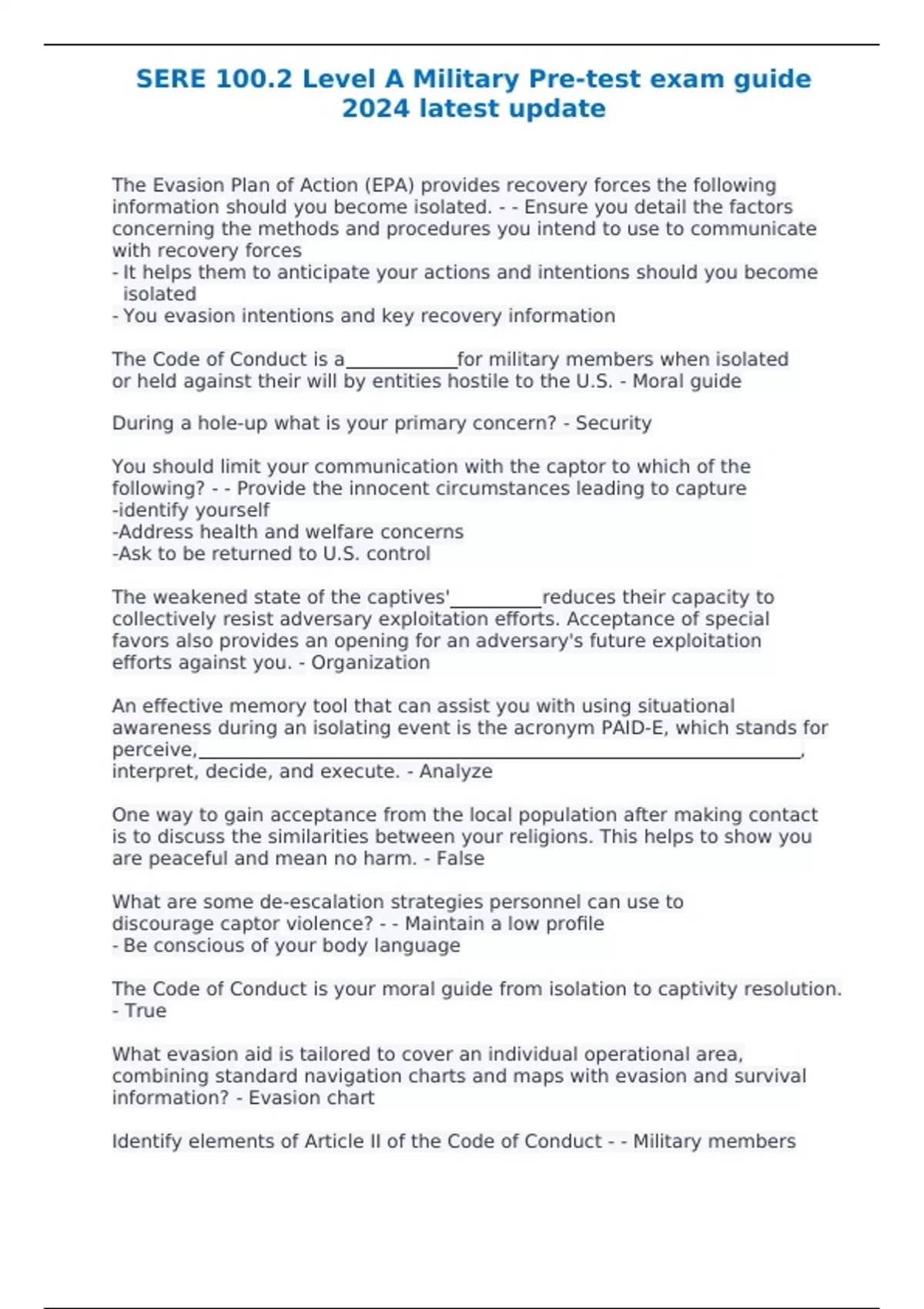 SERE 100.2 Level A Military Pre-test exam guide 2024 latest update ...