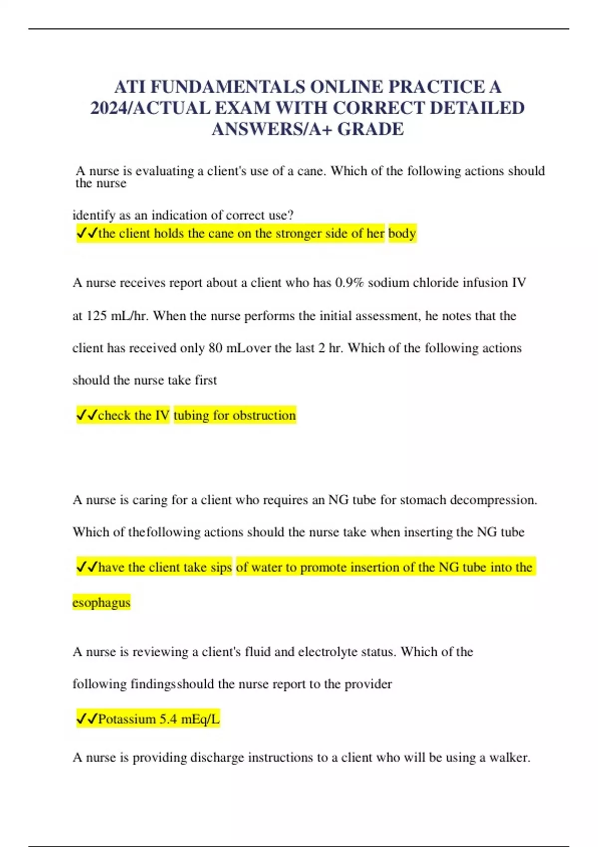 ATI FUNDAMENTALS ONLINE PRACTICE A 2024/ACTUAL EXAM WITH CORRECT ...