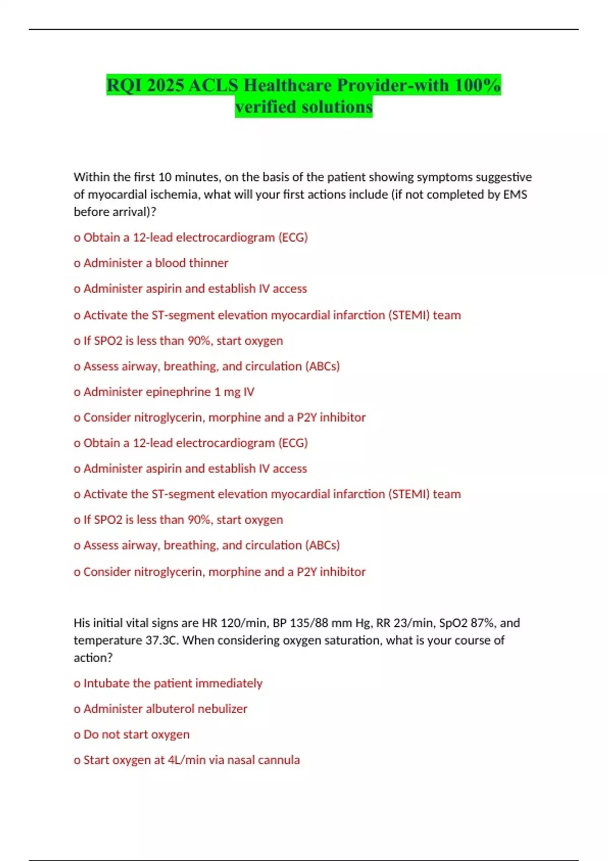 RQI 2025 ACLS Healthcare Provider-with 100% verified solutions - RQI ...