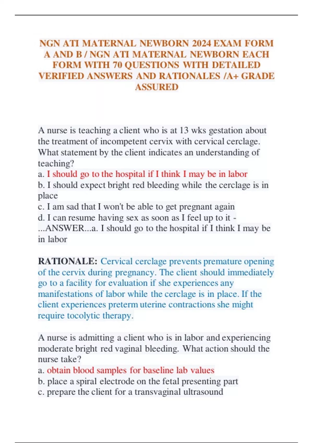 NGN ATI MATERNAL NEWBORN 2024 EXAM FORM A AND B / NGN ATI MATERNAL ...