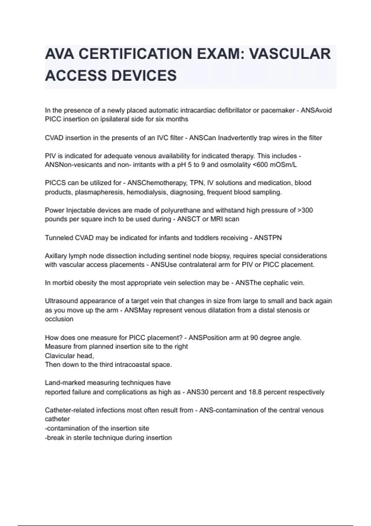 AVA CERTIFICATION EXAM: VASCULAR ACCESS DEVICES 2024/2025 already graded A+ - VA-BC - Stuvia US