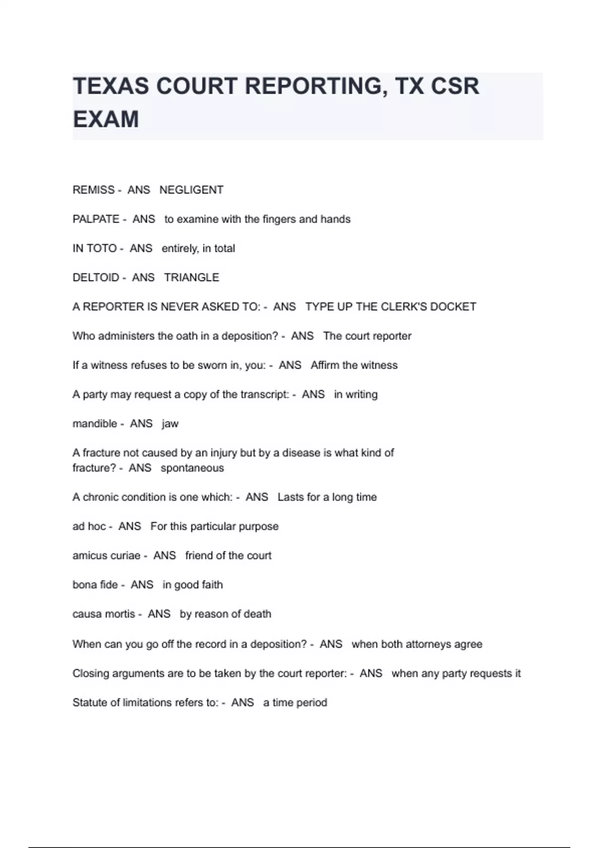 TEXAS COURT REPORTING, TX CSR EXAM QUESTIONS AND ANSWERS - Texas Court ...