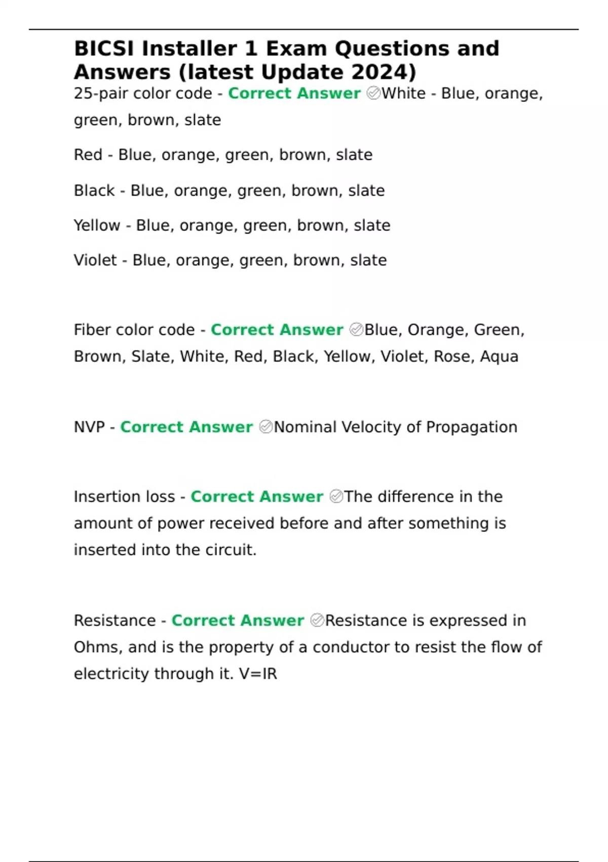 BICSI Installer 1 Exam Questions and Answers (latest Update 2024 ...