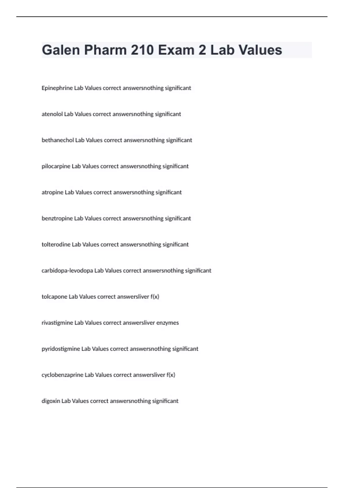 Galen Pharm 210 Exam 2 Lab Values with correct answers 2024 - Galen ...