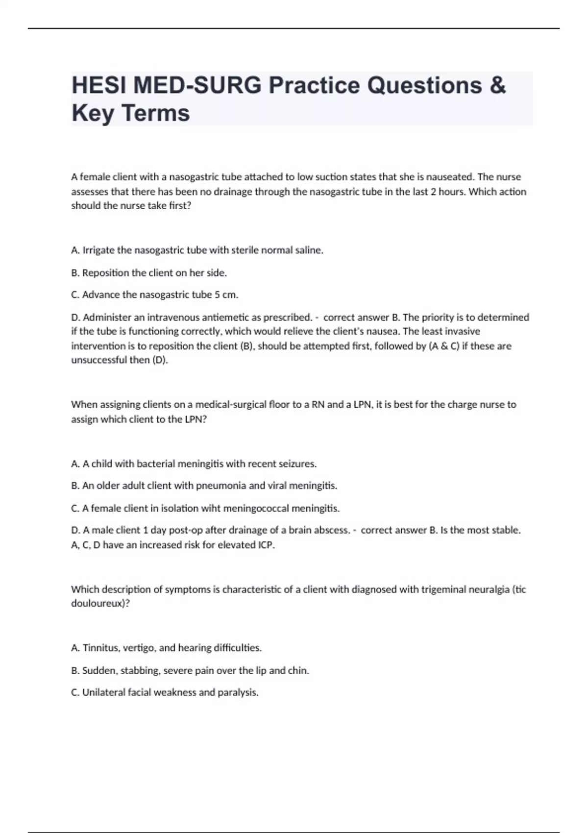 HESI MED-SURG Practice Questions & Key Terms 2024/2025 - Geriatric hesi ...
