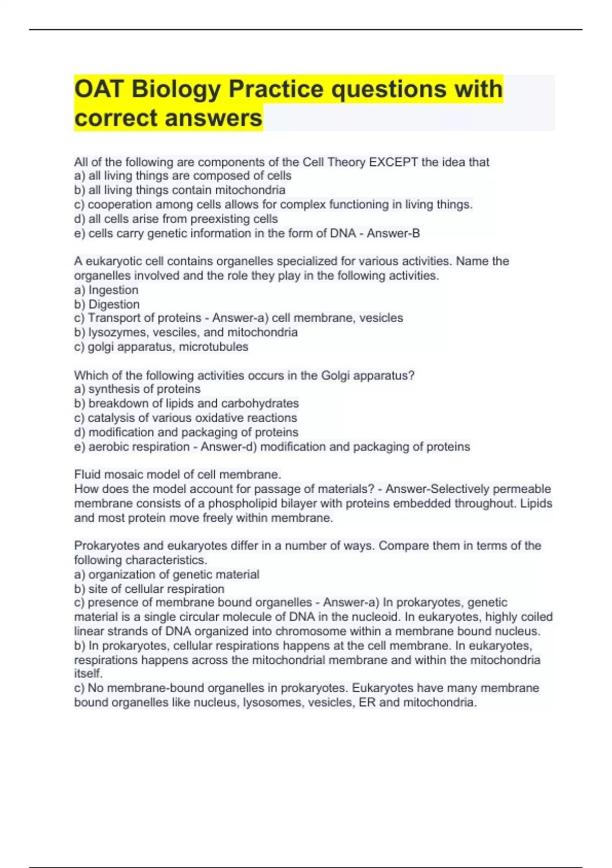 OAT Biology Practice questions with correct answers - OAT - Stuvia US