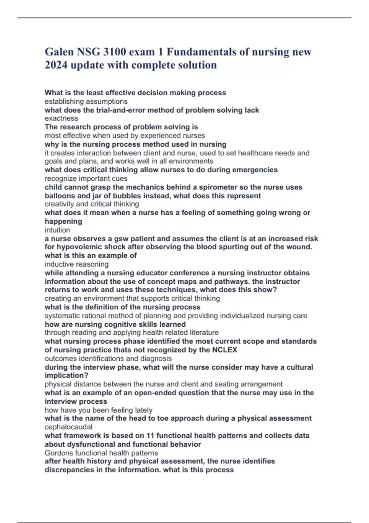 Galen NSG 3100 exam 1 Fundamentals of nursing new 2024 update with ...